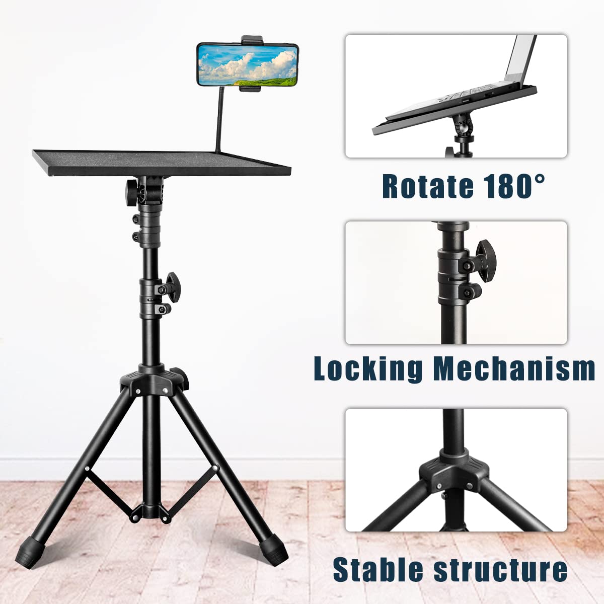 ALINBIN Projector Stand Tripod with Adjust Height from 26IN to 57IN, Laptop Tripod Stand with Phone Holder, Projector Table Stand for Office, Home, Studio or DJ