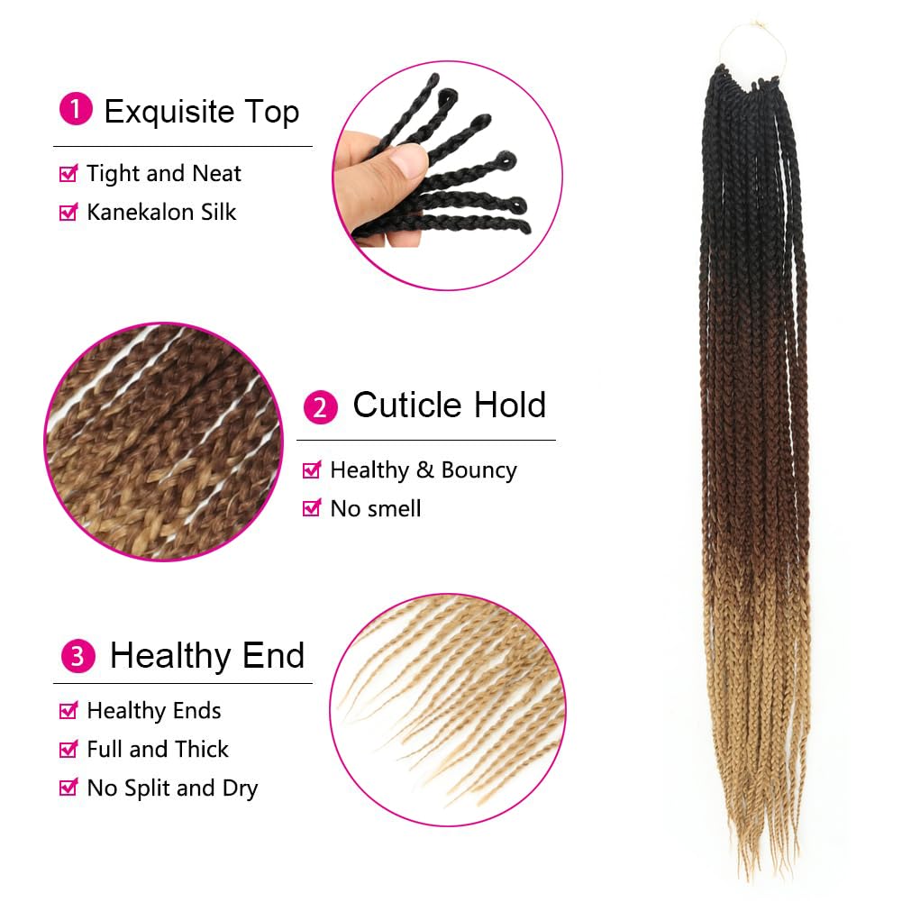 Ombre Box Braids Crochet Hair Medium box braid Pre-Looped 22Strands Three Tones Heat Resistant Fiber Hair (24 Inch,Black-DarkBrown-Light Brown)
