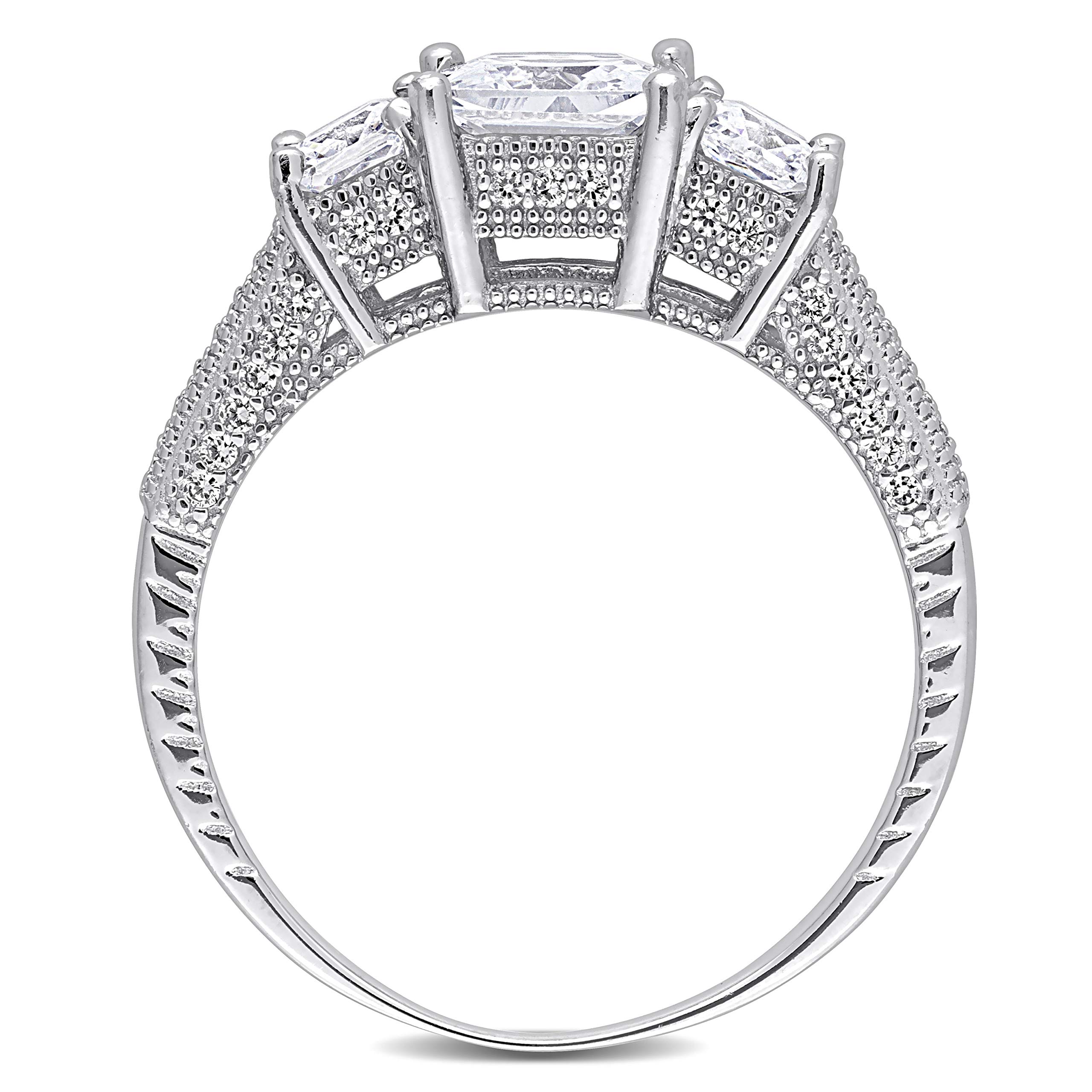 Abbie+Cleo Radiant Shape Cubic Zirconia 3-Stone Statement Engagement Ring in Rhodium Flash Plated Sterling Silver, Size 5