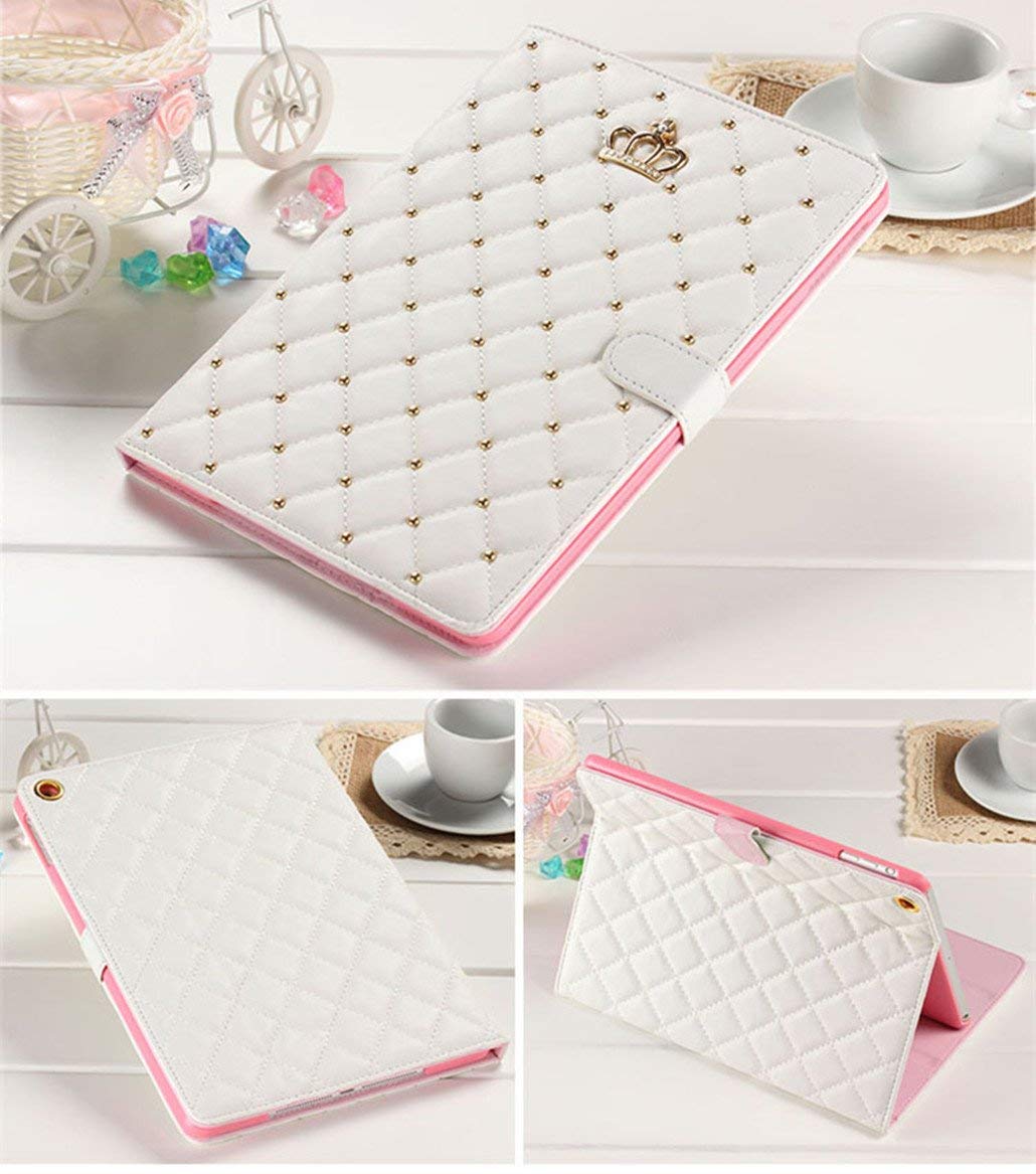 Topwin Crown Design Case for iPad 9.7 2018 2017/ iPad Air 2 / iPad Air, Diamond Cute Elegant PU Leather Smart Auto Sleep/Wake Stand Shockproof Case for Apple iPad 5th/6th (White