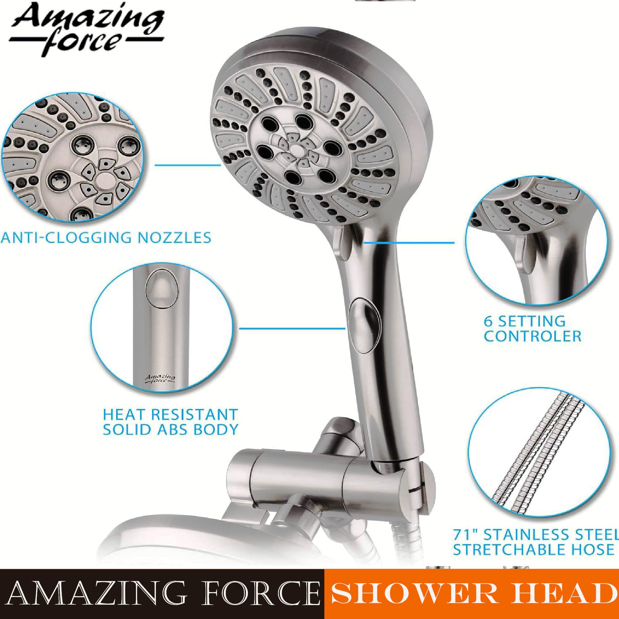 AMAZING FORCE Shower Head,6 Spray Mode Handheld High Pressure Showerhead,4.3 inch