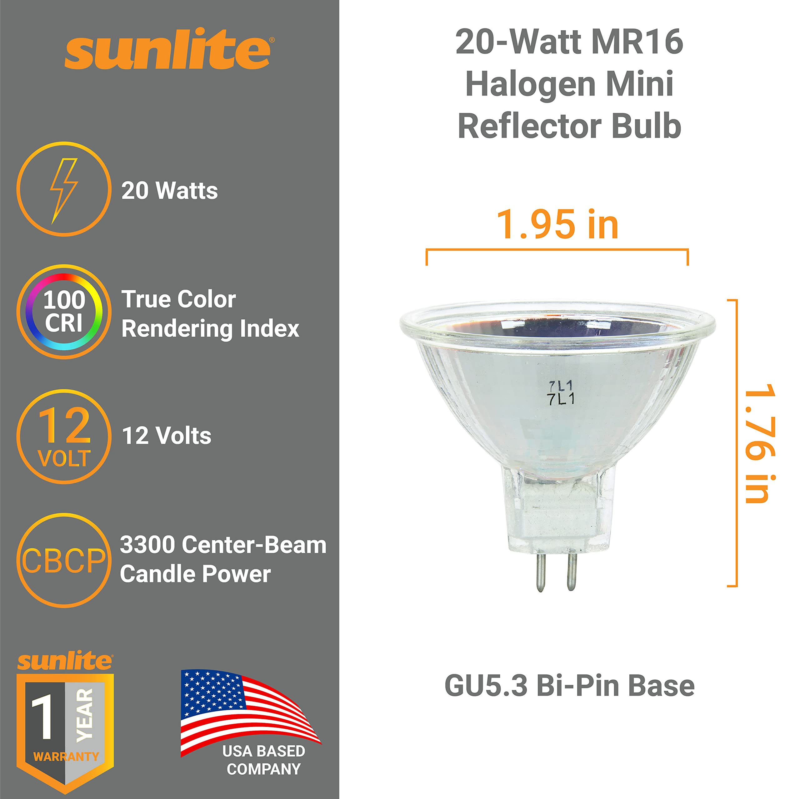 6 Pack Sunlite 50 Watt, 12 Narrow Spot, MR16 Mini Reflector, GU5.3 Bi-Pin Base