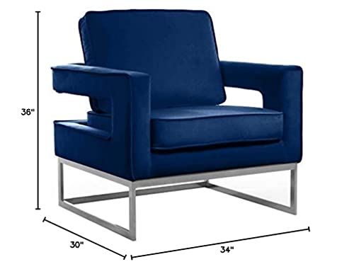 Meridian Furniture Noah Collection Modern | Contemporary Velvet Upholstered Accent Chair with Durable Stainless Steel Base, Navy, Chrome Base