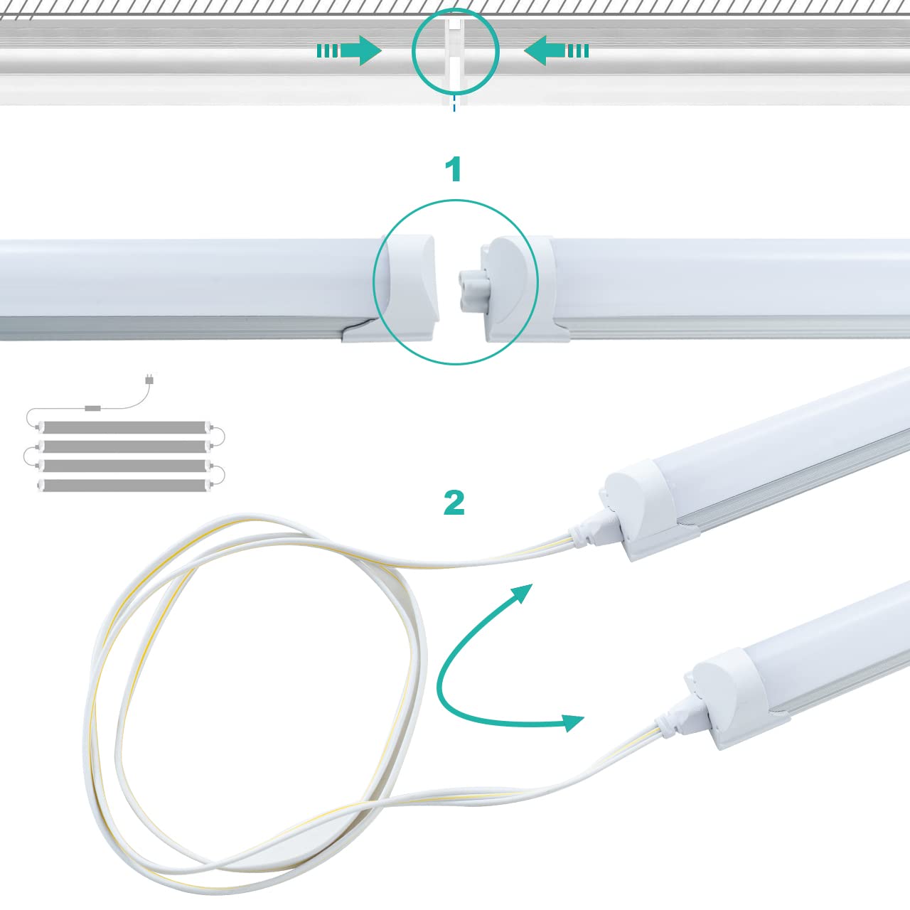 Greess 6 Pack LED T8 Shop Light, 4FT 24W 6000K Daylight White Linkable LED Integrated Tube Lights with Milky Cover, LED Bar Lights for Garage,Workshop,Workbench with On/Off Plug Cord