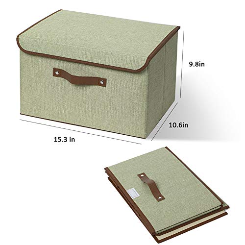 UUJOLY Large Storage Bins Linen Fabric Foldable Basket Cubes Organizer Storage Box Drawer with Lid and Handles for Home, Office, Closet, Bedroom, Nursery((Green-2pcs))