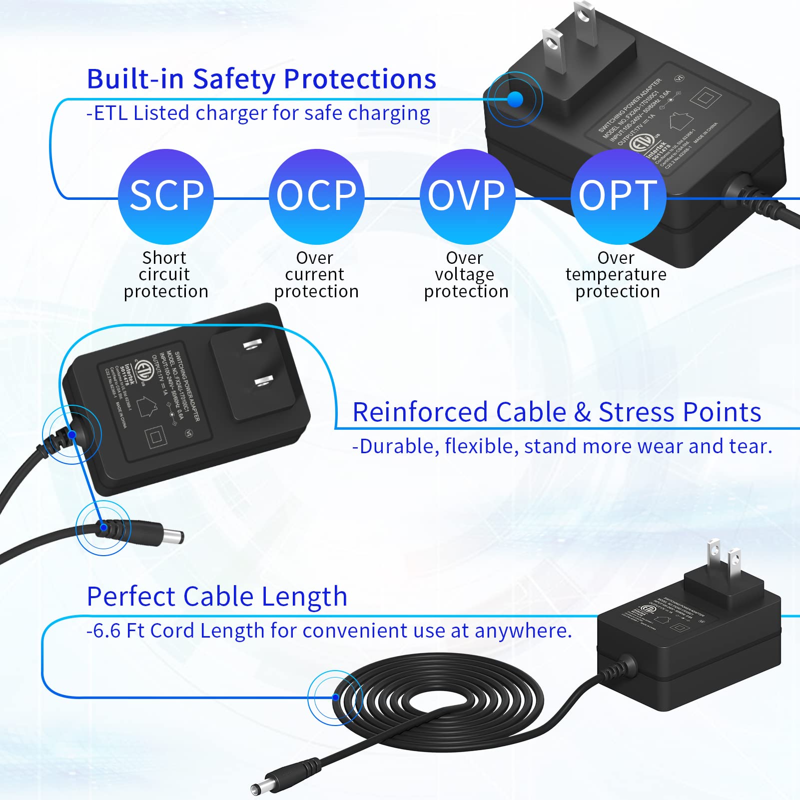 TPLTECH 17V AC/DC Power Charger for Bose Soundlink 3 2 1 Bluetooth Wireless Speaker III/II/I,369946-1300/357551-1300/330001/357550 Bose Soundlink Speaker Charger with 6.6 Ft Charging Cable
