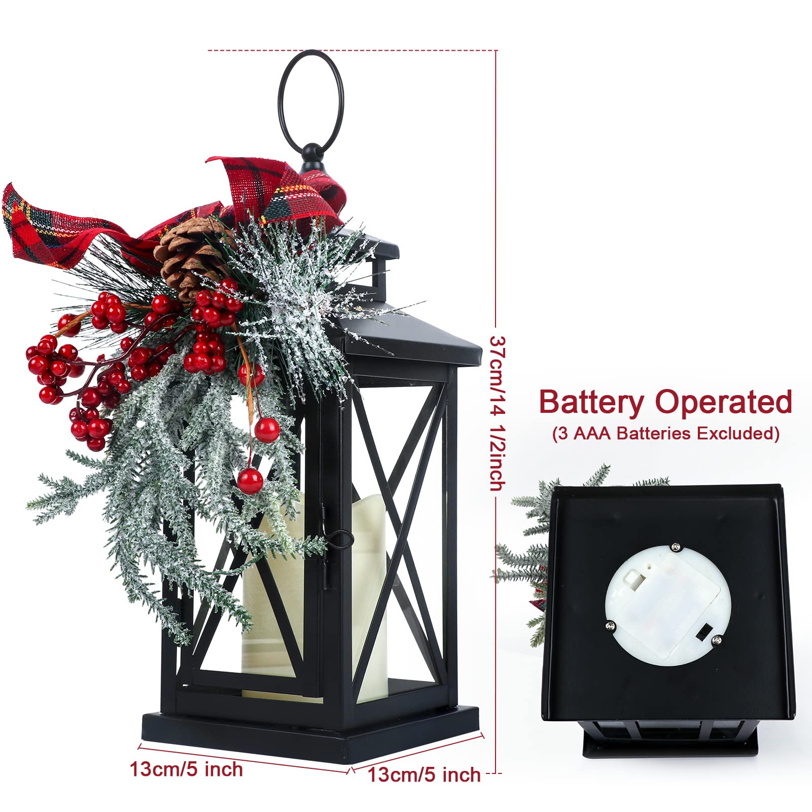 Christmas Candle Lantern 14Inch, Christmas Lanterns Garden Flashing Candle Light, Decorative Hanging Lantern for Indoor Home Tables and Fireplaces Outdoor Patios