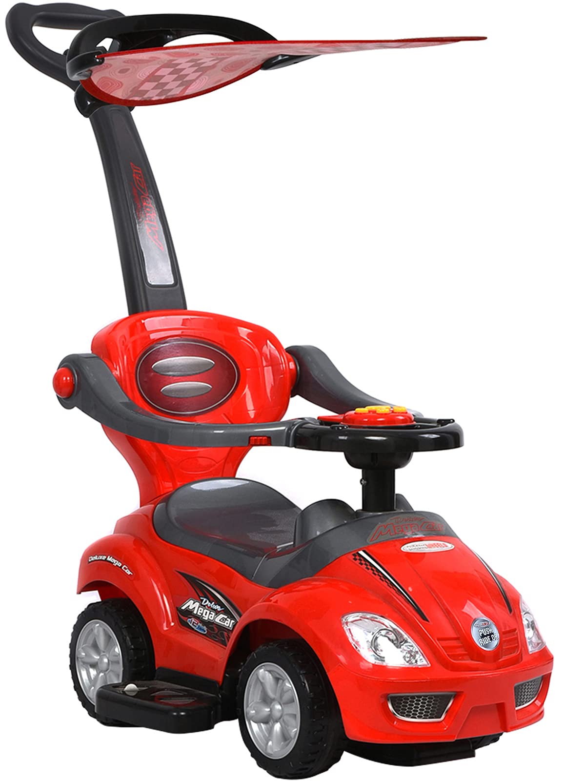 ChromeWheels 3 in 1 Ride on Toys Pushing Car with Removable Sun Visor, Mega Car for Toddlers w/Handle & Horn & Music, Color Red