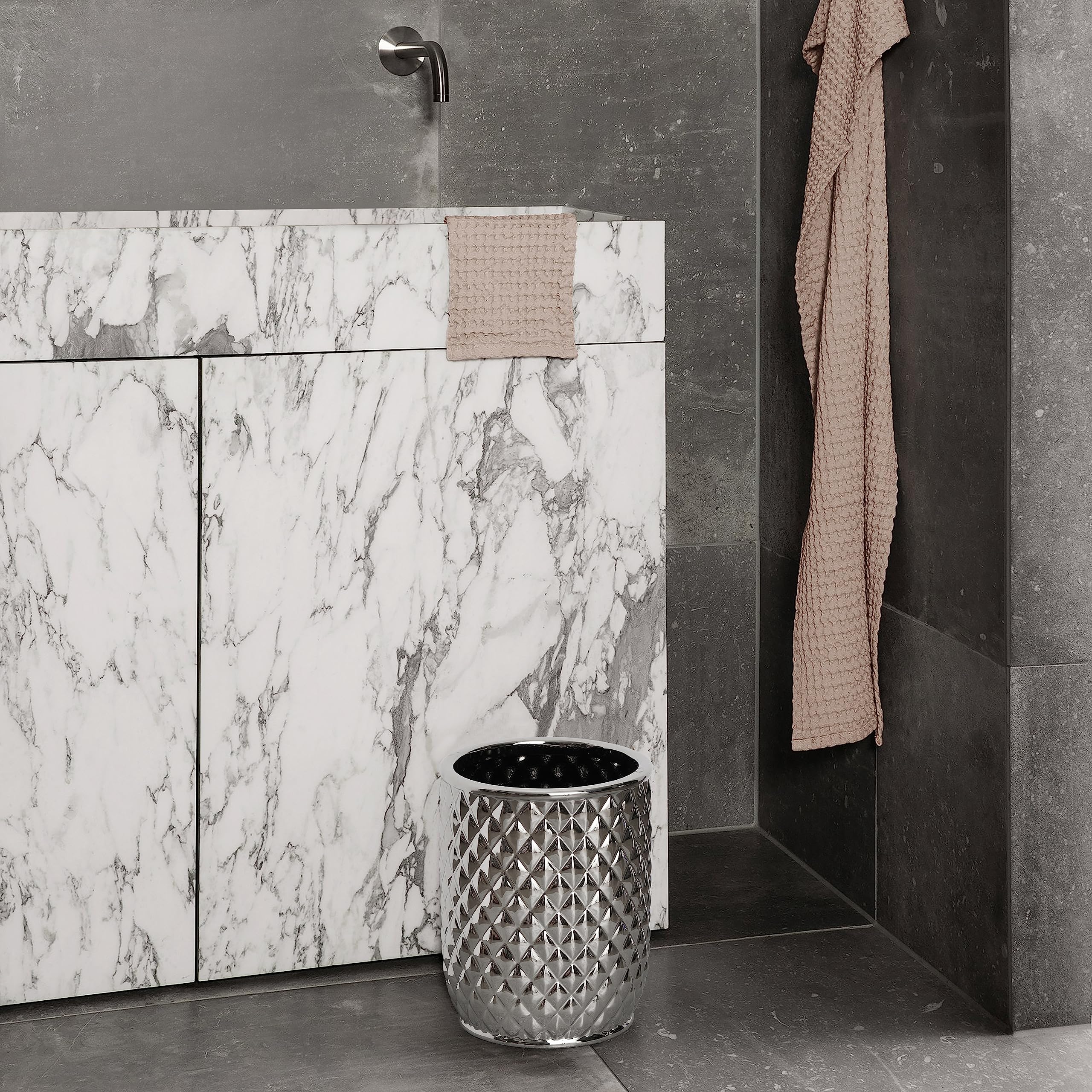 Motifeur Bathroom Wastebasket - Ceramic Decorative Trash Can (Pineapple Pattern, Silver Grey)