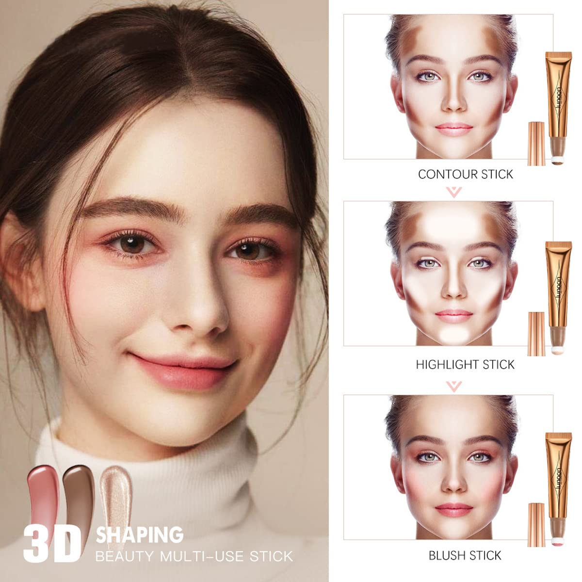 Aaiffey Cream Contour Beauty Wand,Highlighter Contour Blush With Cushion Applicator,Liquid Face Bronzer Makeup Wand Blendable Super Silky Cream Contour Stick Set Long Lasting Natural 3Pcs (Contour+Highlighter+Blush)
