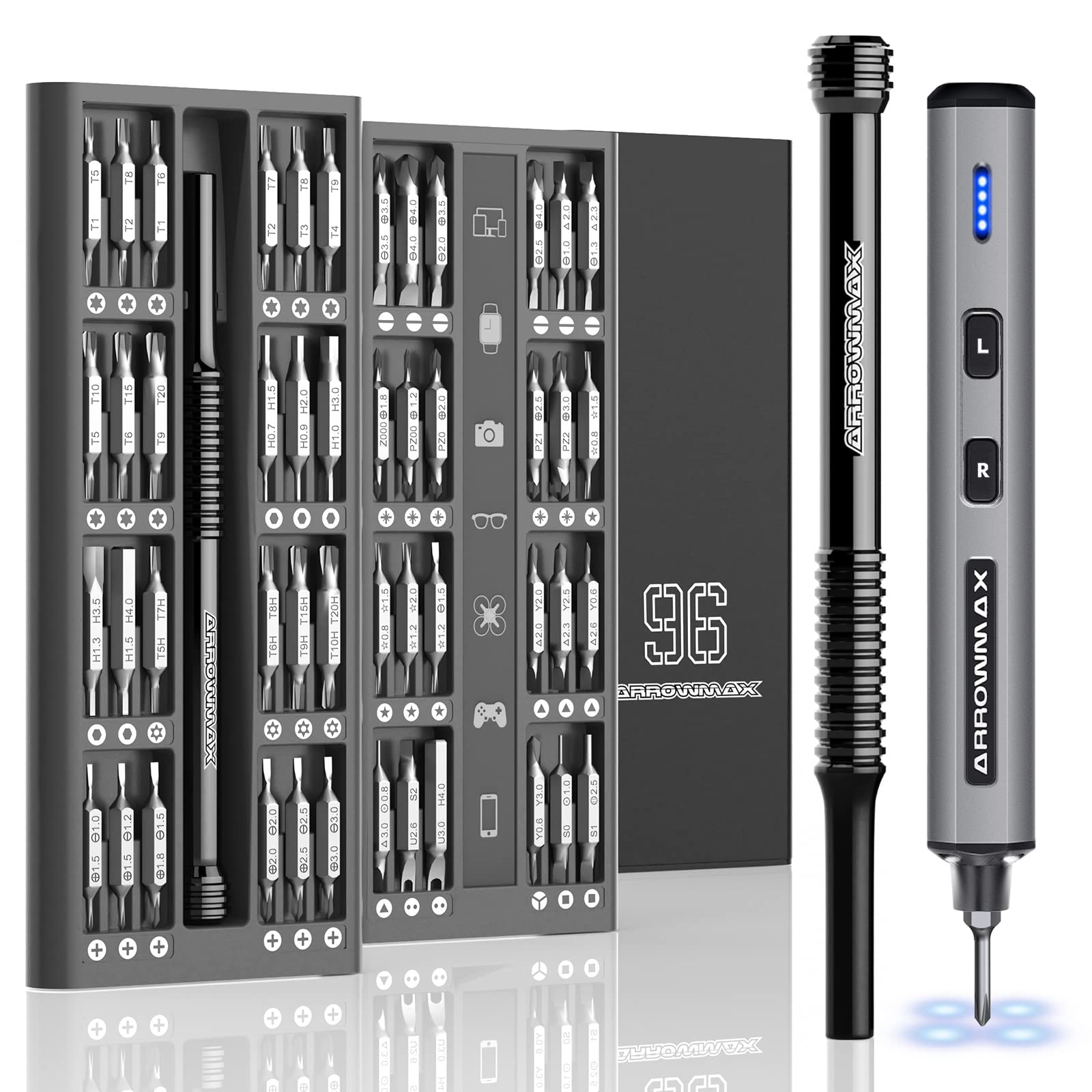 AM ARROWMAX Electric Screwdriver, 102 in 1 Precision Screwdriver Set w/ 96 Magnetic Bits, Red Dot, IF Winning Design, Rechargeable Mini Cordless Screwdriver for Phone, Laptop, Watch, RC (Space Grey)
