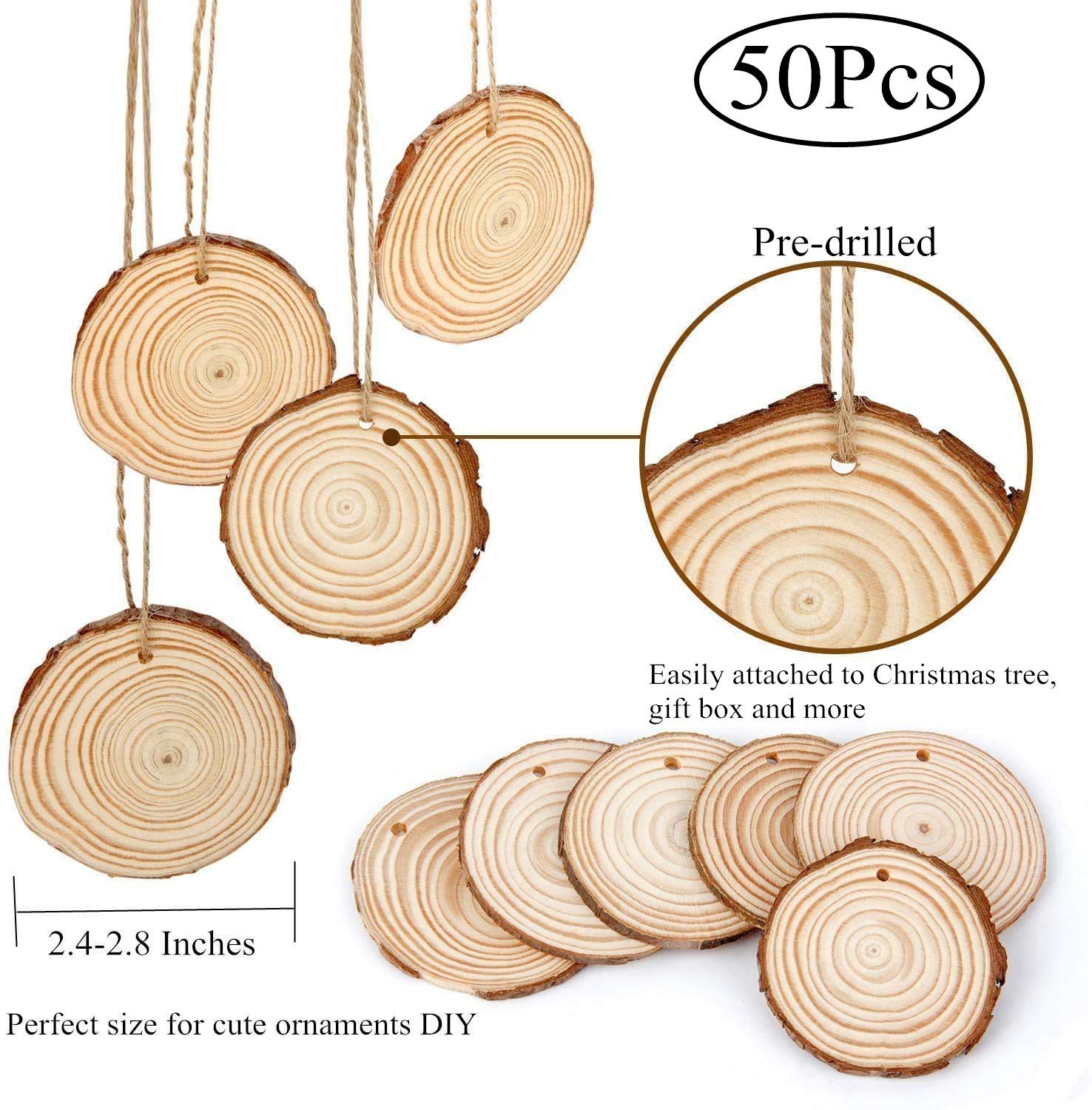 50Pcs 2.4"-2.8" Natural Wooden Slices,Colovis Unfinished Wood Circles with Holes Tree Bark Round Log Discs DIY Crafts Hanging Ornaments (50 Pcs, Natural Wood)