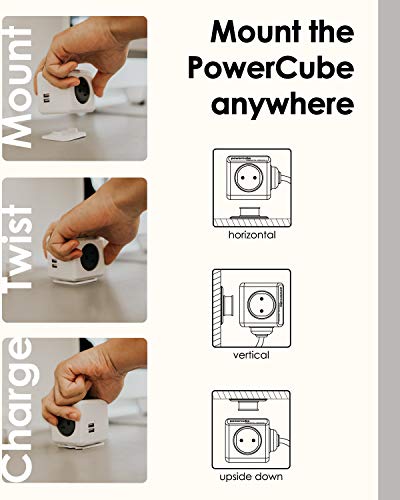 Allocacoc, PowerCube |ExtendedUSB|, 4 outlets, 2 USB Ports, 5 feet cable, Mounting dock, Surge Protection, Childproof Sockets, ETL Certified (Green)