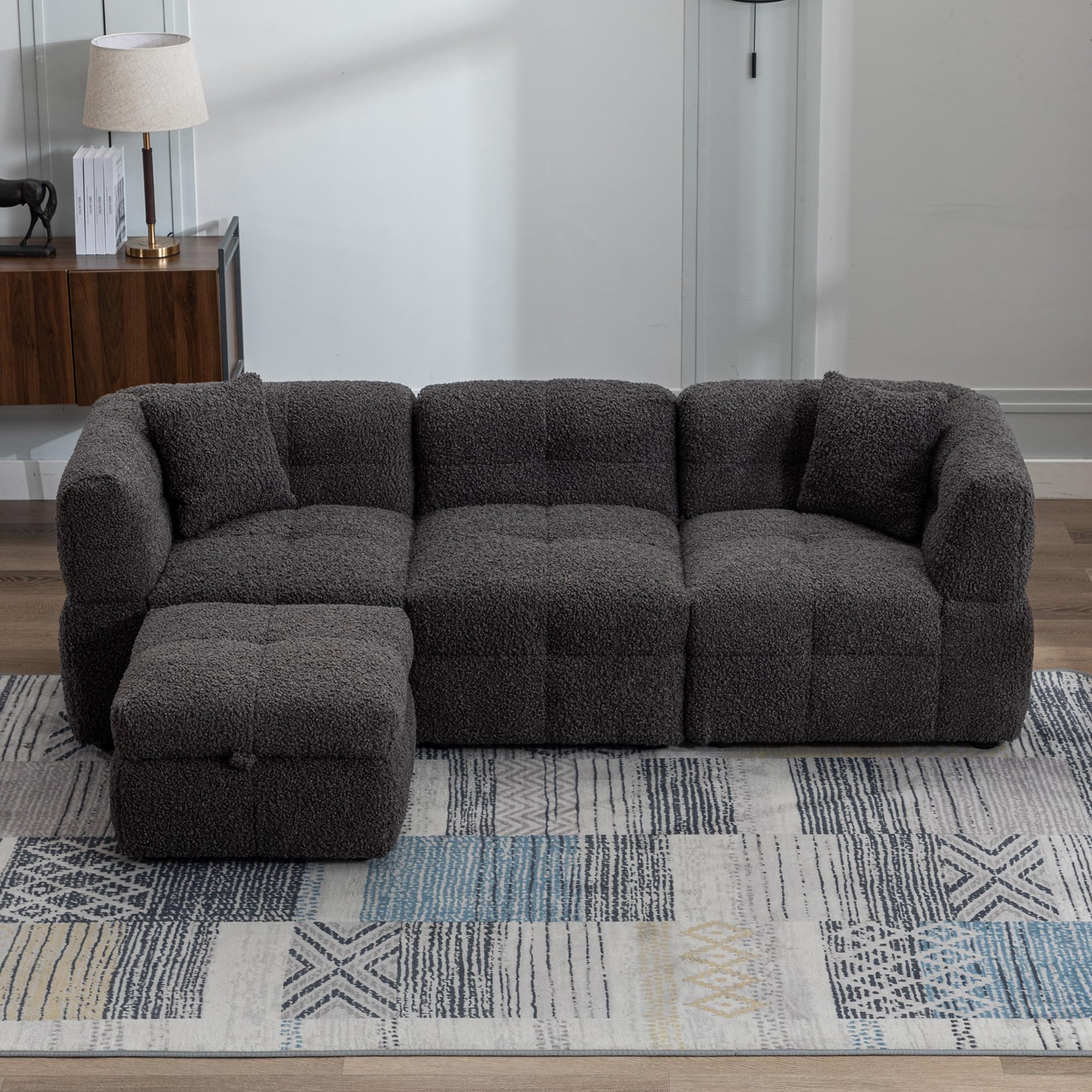 Convertible Sectional Sofa Teddy Fleece Fabric Couch with 2 USB Ports 1 Movable Storage Ottoman and 2 Lumbar Pillows