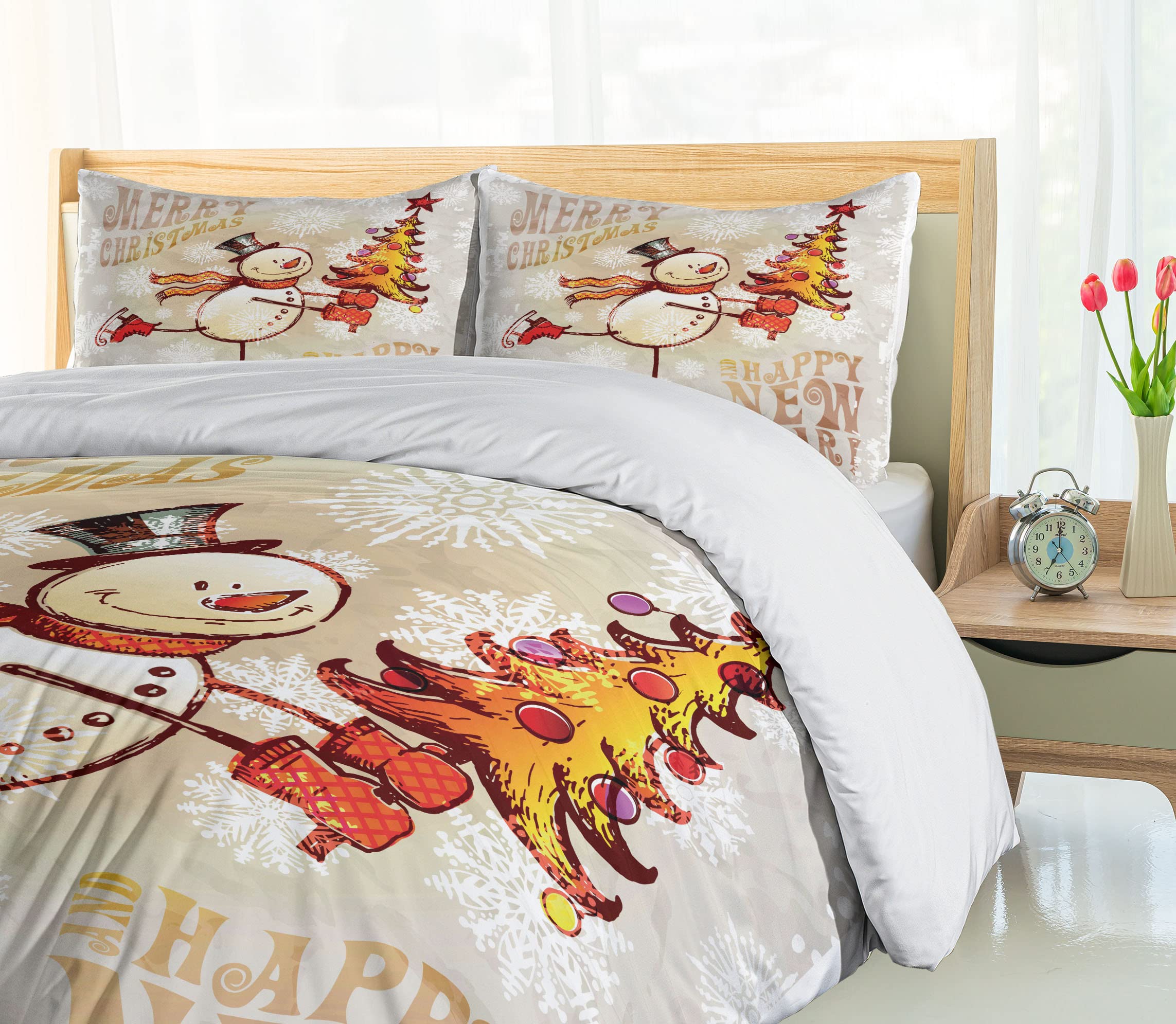 Ambesonne Christmas Duvet Cover Set, Skating Happy Snowman Xmas Tree Cheerful Hand Drawn Ornate Snowflakes, Decorative 3 Piece Bedding Set with 2 Pillow Shams, Queen Size, Beige White