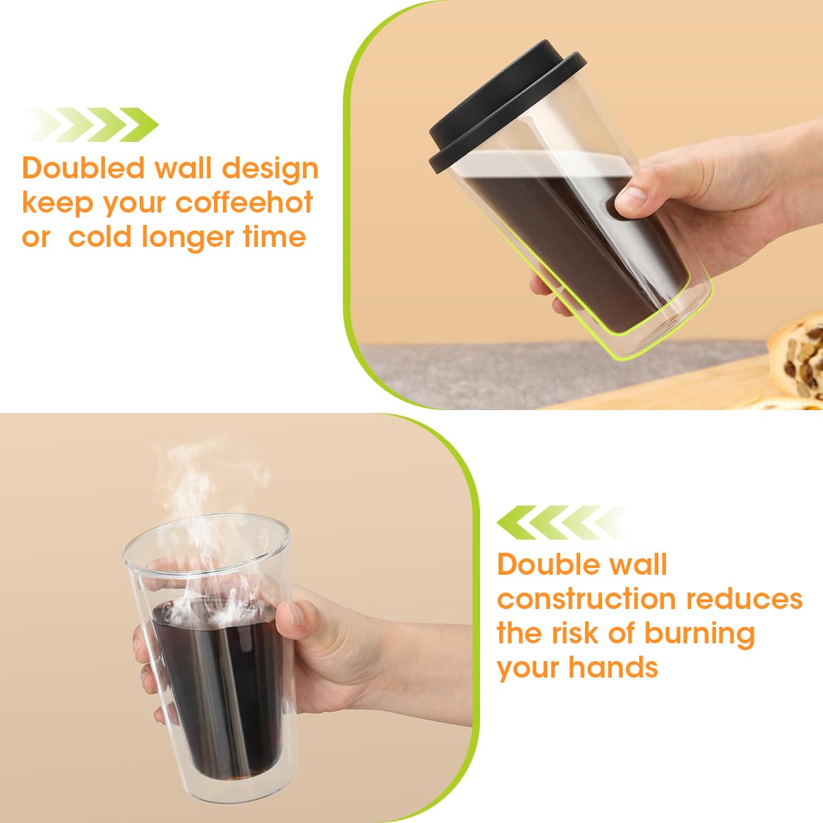AIEVE Double Wall Glass Coffee Mugs Set of 4, Reusable 12 Ounces Espresso Cups with Silicone Lids