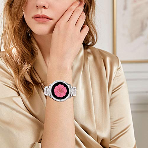 AMODOO Compatible for Samsung Galaxy Watch Active 2 Band + Case, Women Replacement Strap& Full Around PC Bumper for Galaxy Watch Active 2 40mm (Silver/40mm)