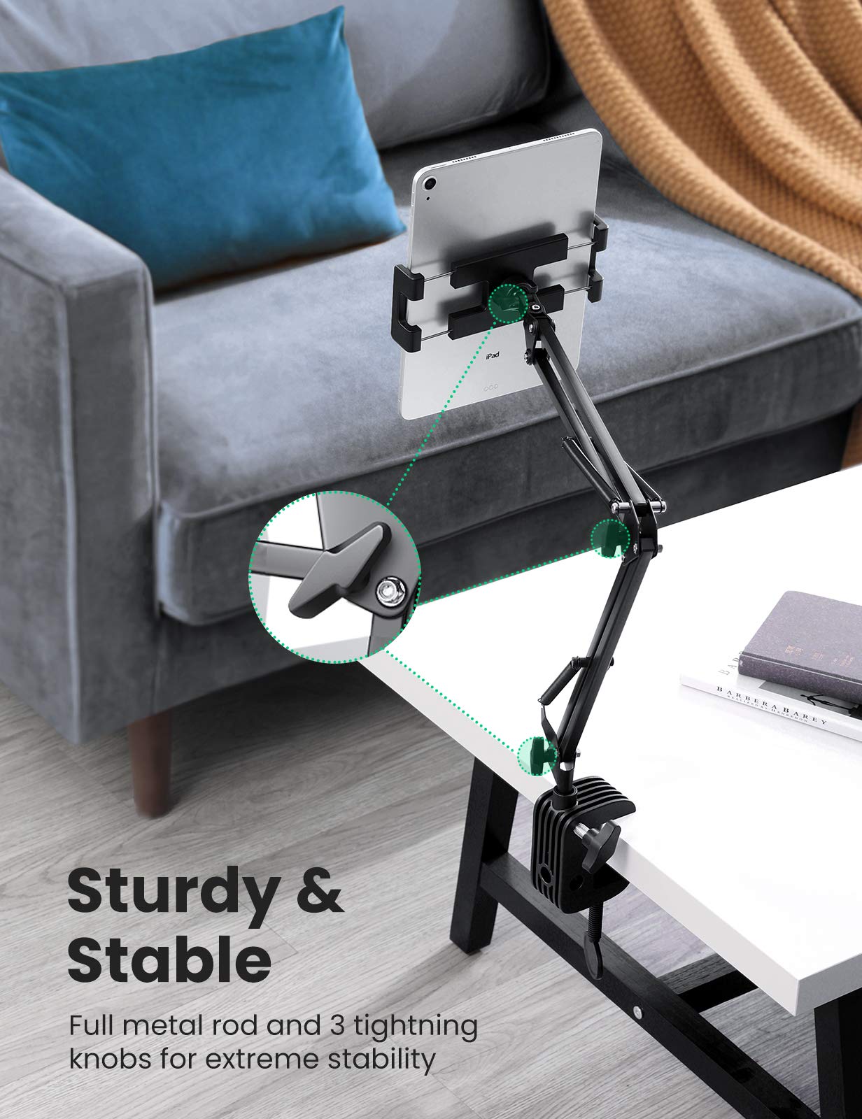 UGREEN Tablet Stand Holder for Bed Long Arm Adjustable Tablet Mount Flexible Clamp Desktop Stand Overhead Compatible for iPad Pro 10.5,9.7, Air Mini 5 4 3 2, iPhone, E-Reader, Black