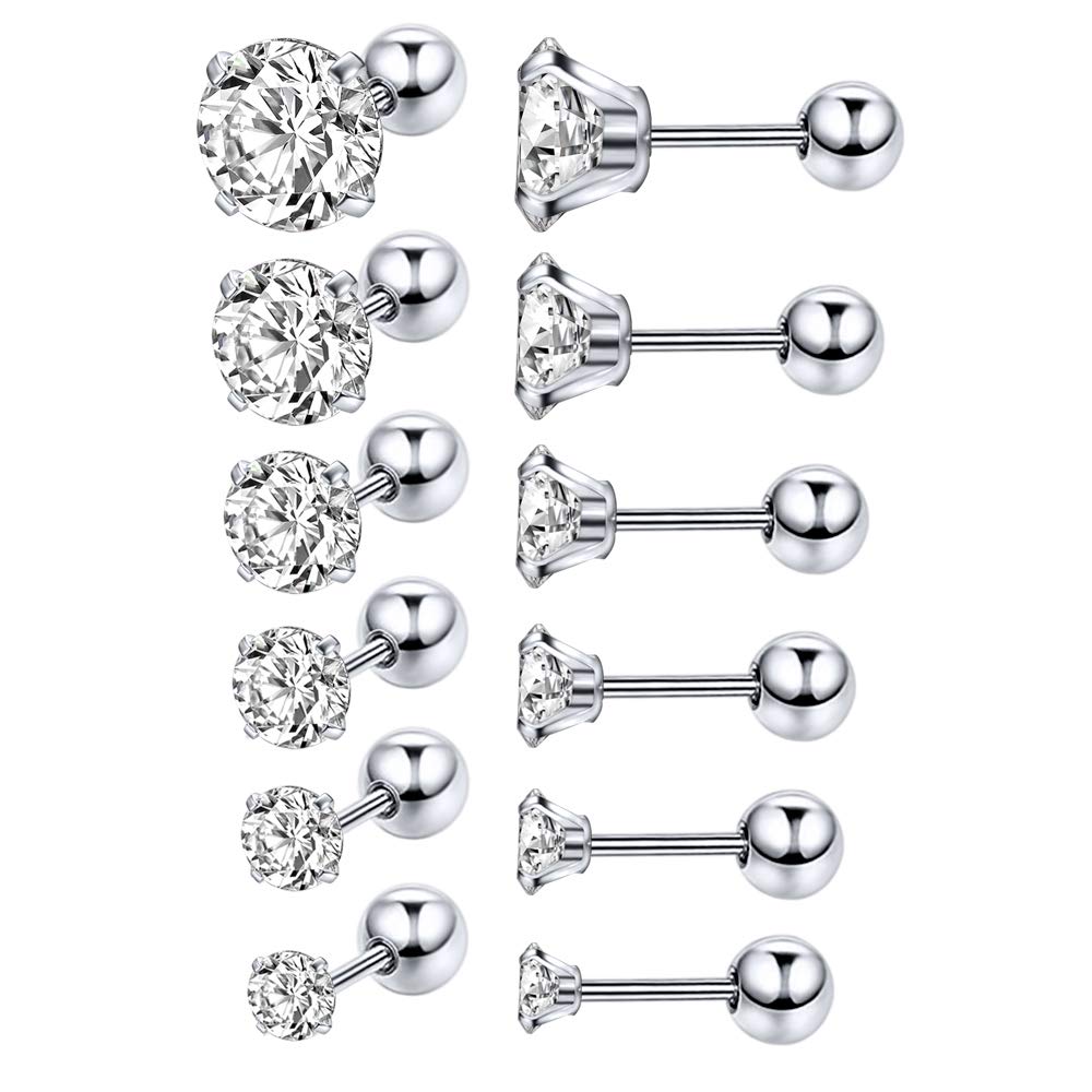 6 Pairs Shiny Round Cubic Zirconia Surgical Steel Stud Earrings Tragus Helix Conch Piercing Cartilage Sets