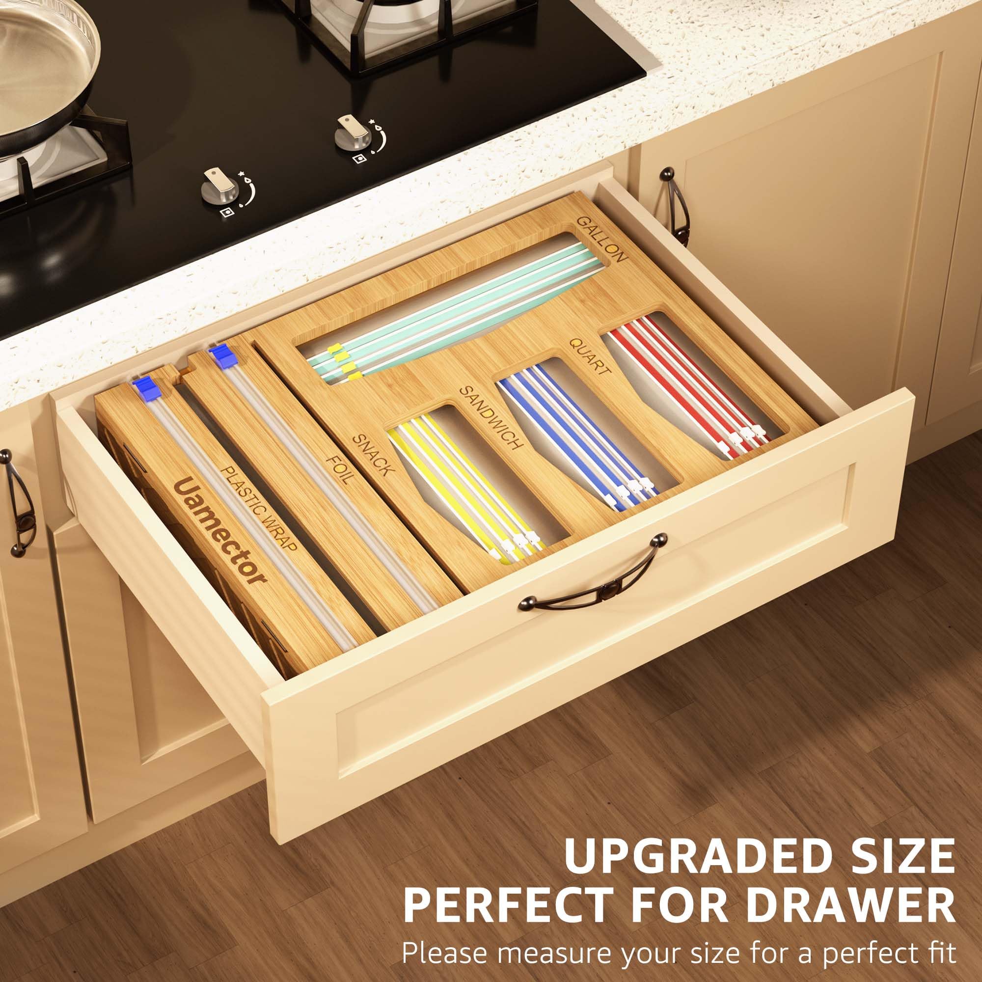 Uamector Bag Storage Organizer Perfect for Kitchen Drawer, 6 in 1 Bamboo Foil and Plastic Wrap with Cutter, Storage Bag Organizers Compatible Gallon, Quart, Sandwich Snack Size