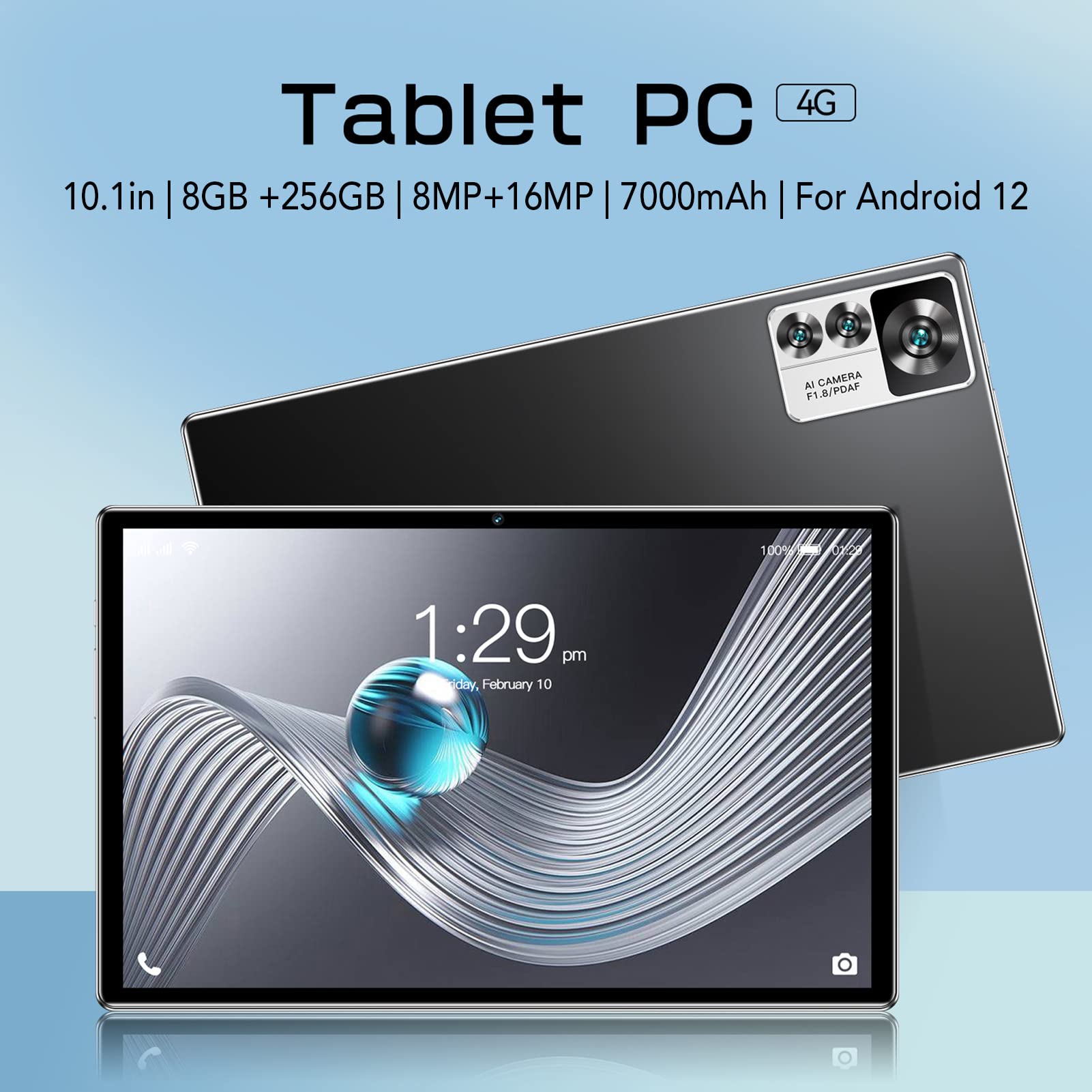 AMONIDA 10.1in Tablet, 1080P FHD Tablet PC 8GB RAM 256GB ROM 100‑240V 7000mAh for Home (US Plug)