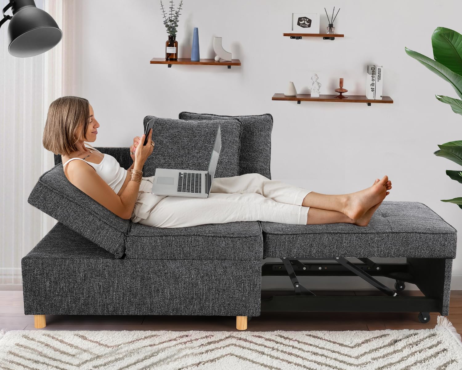 SEJOV Sofa Bed, 4-in-1 Convertible Sleeper Sofa, Pull Out Couch with 3 Seater, Sofa Chair with 5 Adjustable Backrests, 71โโ Linen Couch with 2 Pillow, Loveseat for Living Room, Yellow