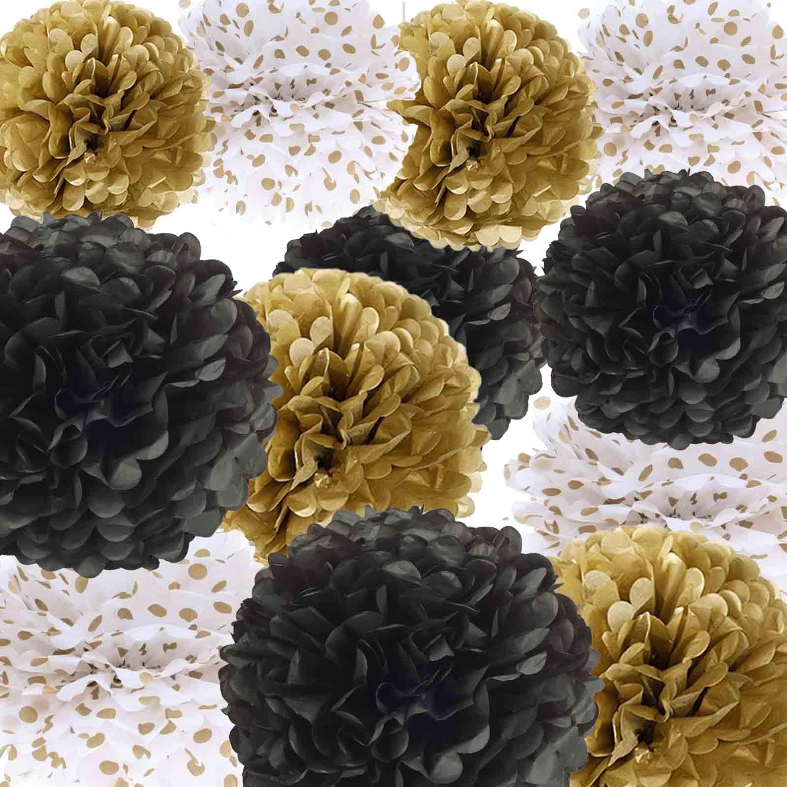 GAKA Black Gold Tissue Paper Pom Poms Decoration 12 Inch and 10 Inch for Birthday Bachelorette Wedding Baby Shower Bridal Shower Party 12PC 3 Colors