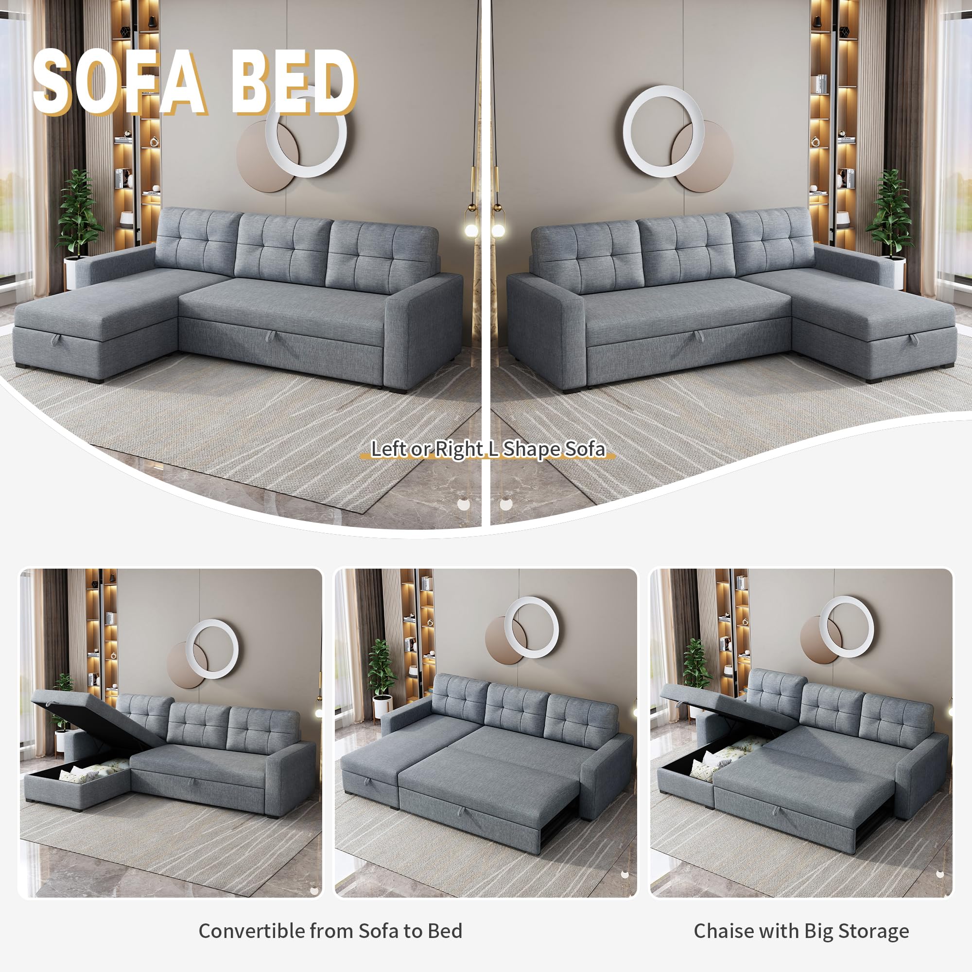 ACQCA 81.5" Sectional Sleeper Sofa with Storage Chaise, L Shaped Pull Out Couch Bed with 3 Removable Back Cushion for Living Room, Apartment,Office,Light Grey