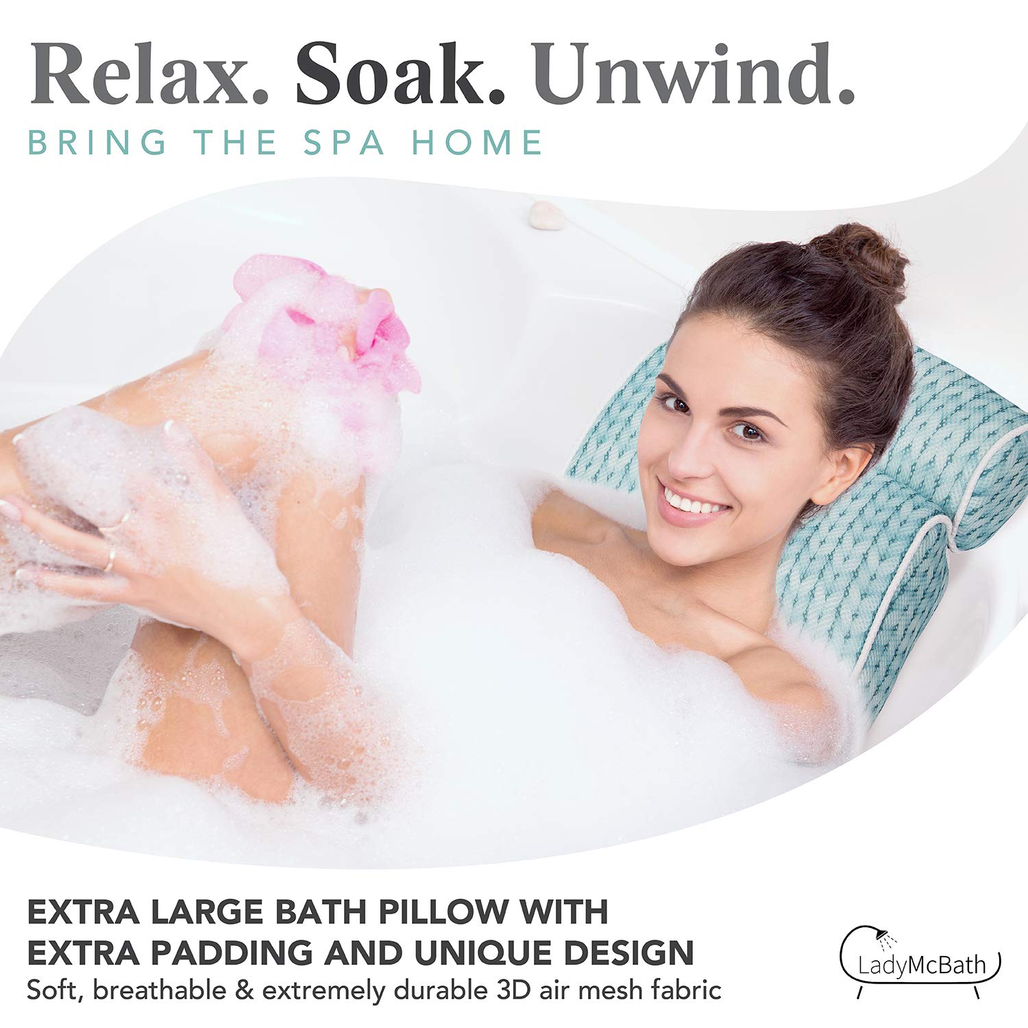 Lady McBath Bath Pillow - Luxury Bath Pillows for Tub Neck and Back Support - Powerful Suction Cups, Machine Washable Bathtub Accessory for Relaxation (Turquoise)