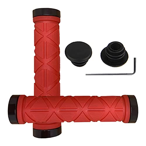 Bike Handlebar Grips, Double Lock-on Bicycle Handle Bar, Soft Non-Slip-Rubber Hand Grip Comfortable Ergonomic for BMX, Mountain, MTB, Beach Cruiser, Scooter, Folding Bike (Double Lock-Red)