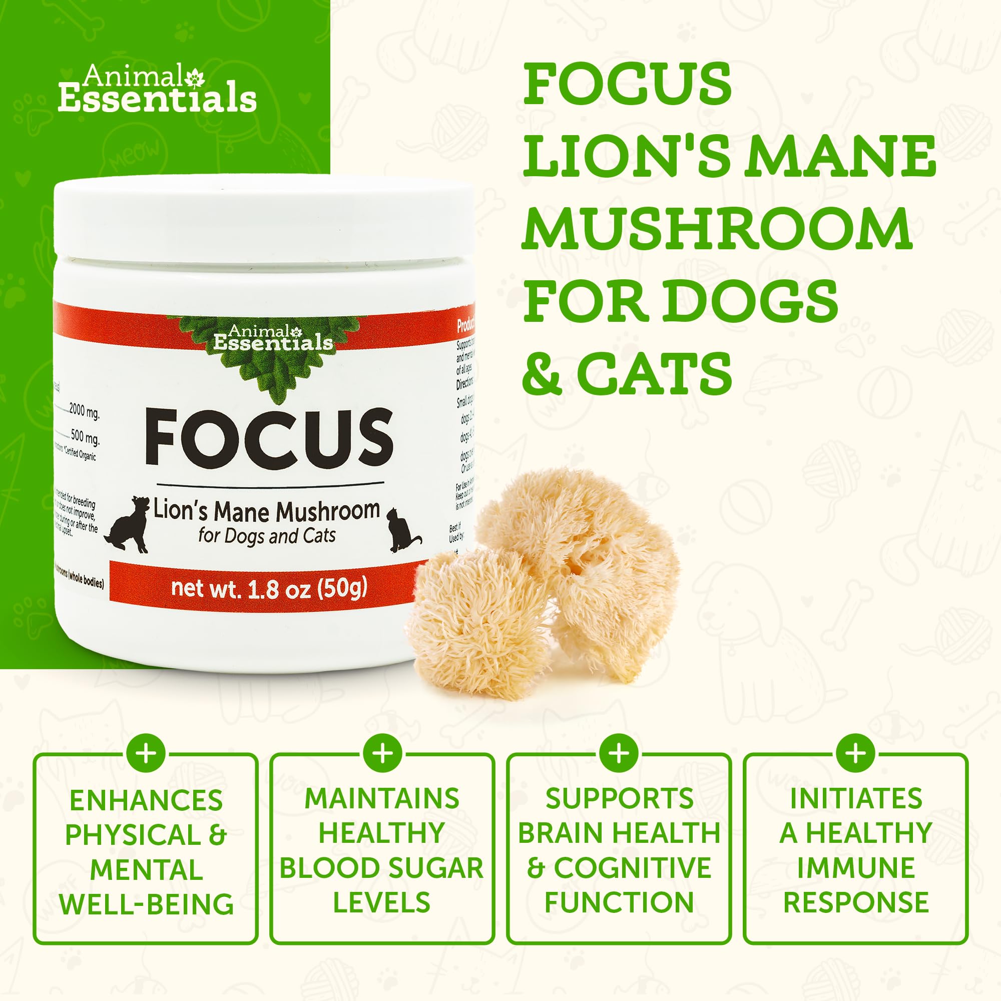 Animal Essentials Focus Lions Mane Mushroom Supplement for Dogs & Cats - Supports Brain Health, Cognitive Function, Healthy Immune Response, Mushroom Powder Extract - 1.8 Oz (Pack of 1)