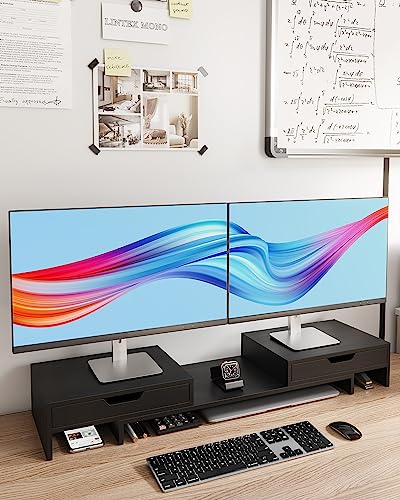 Epesoware Dual Monitor Stand Riser with Adjustable Length and Angle, Bamboo Computer Riser with 2 Extra Drawers, Desk Organizer for Laptop, Computer No Assembly Required