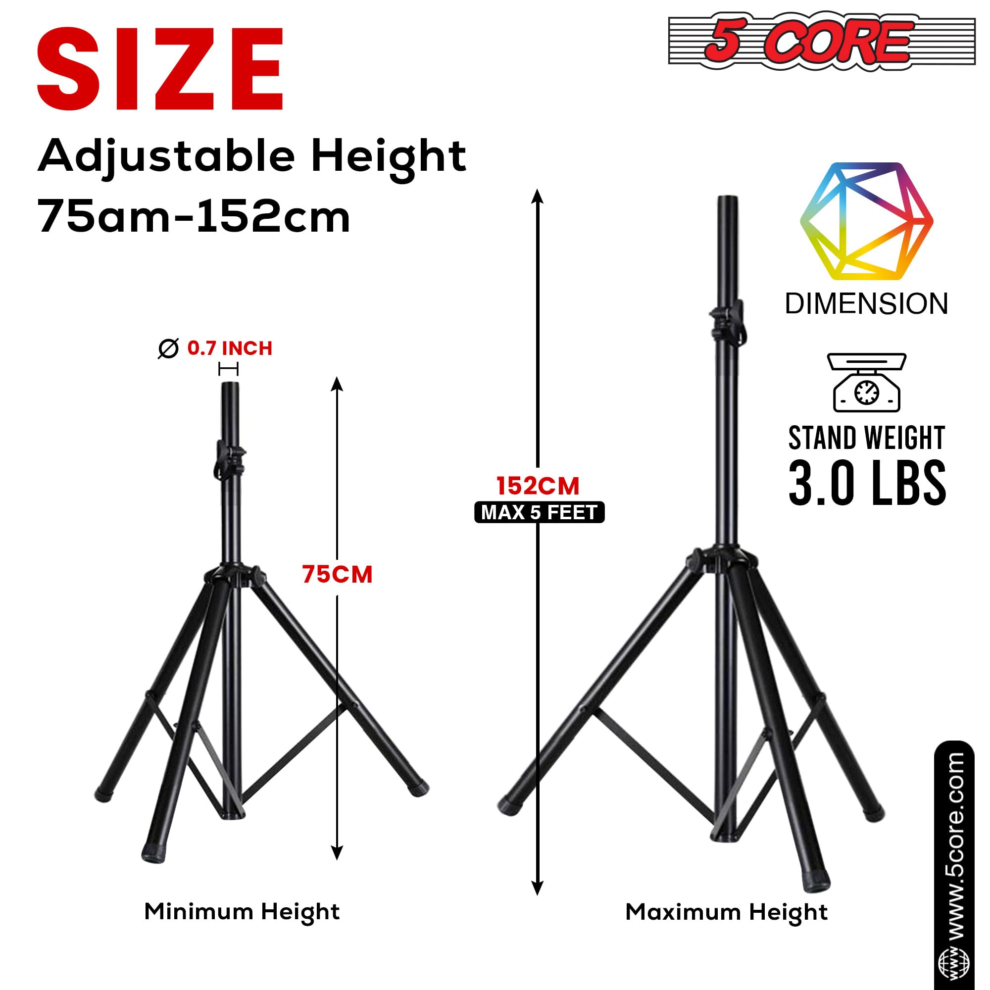 5 Core Speaker Stand Tripod Floor Adjustable Up to 60 Inch DJ Studio Monitor Stands Pole Mount - SS HD 1PK 5FT