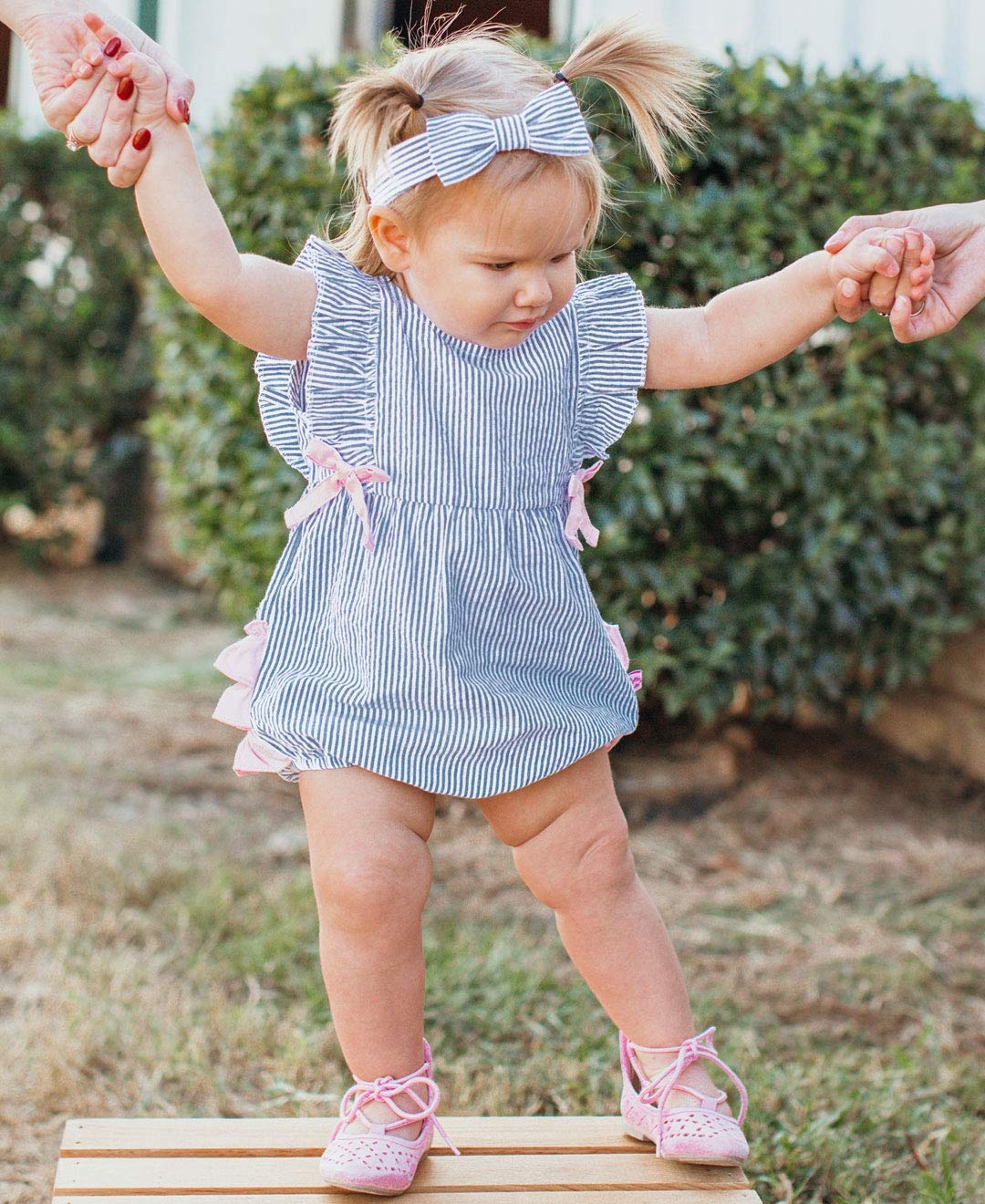 RuffleButts® Baby/Toddler Girls Blue Seersucker Ruffle Romper - 6-12m