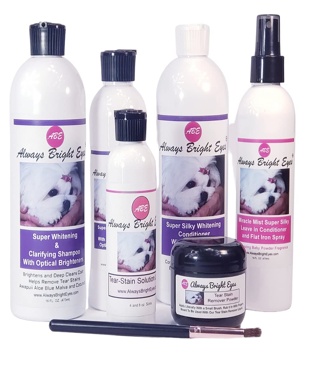 Always Bright Eyes - Tear Stain Remover for Dogs - Complete Set. All Natural, Safe & Effective for All Light Coated Breeds, Set Includes 4 Oz./118ml. Liquid, 2 Oz./56.7g Powder