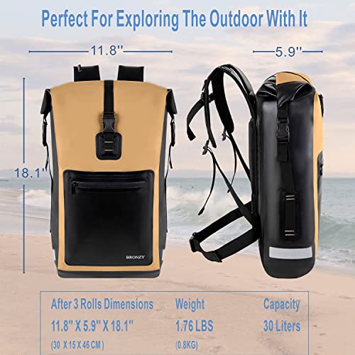 BRONZY Waterproof Backpack Dry Bag 30L Roll Top Closure With Front Zippered Pocket Heavy Duty Breathable Foam Padded Backing Heat Seal Finishing For Kayaking Camping Boating Hiking Beach (Khaki)