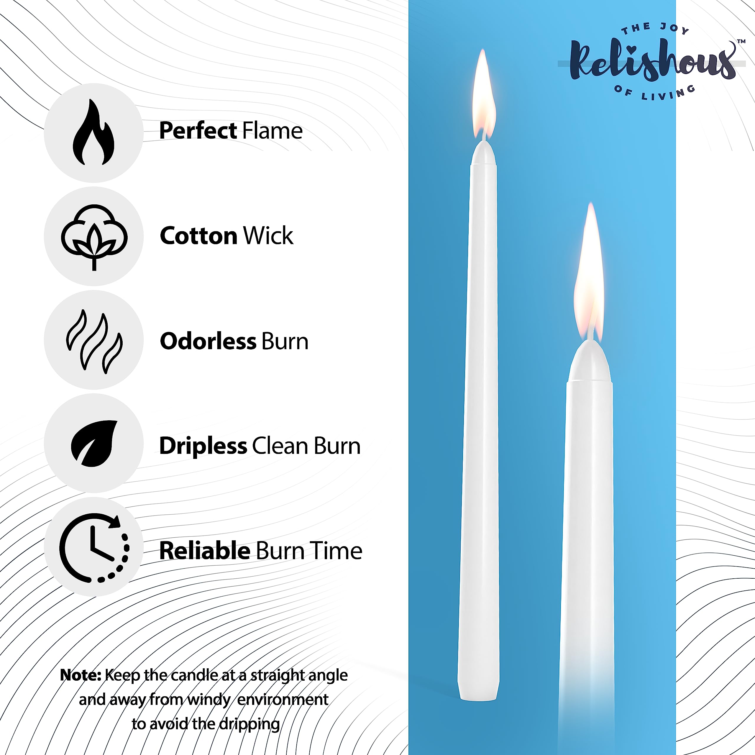 Relishous 24 Pack Tall White Taper Candles, 10 inch (H) Dripless, Unscented Dinner Candle, Smokeless Taper Candles, Paraffin Wax with Cotton Wicks, 8 Hours Burn Time