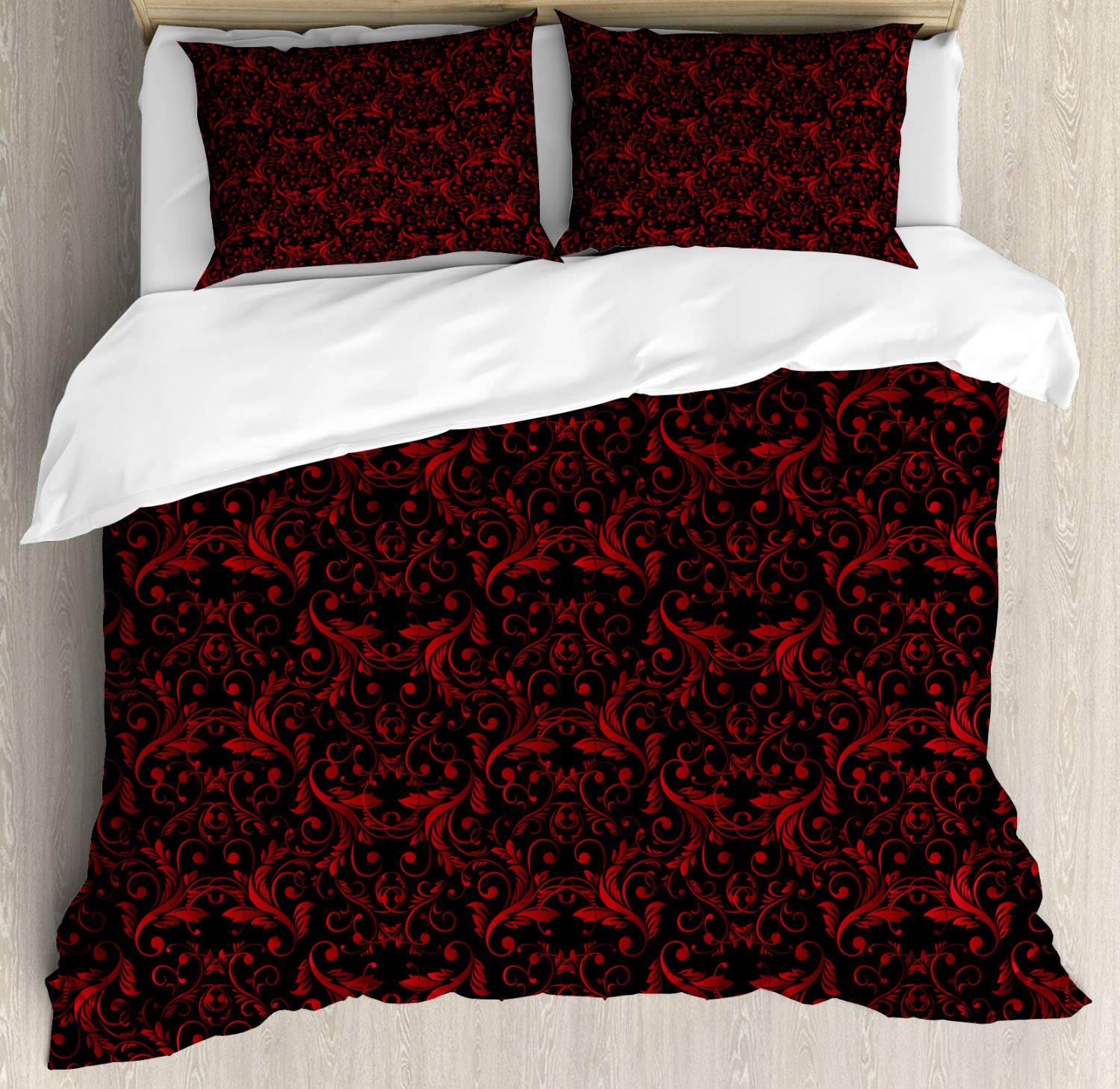 Ambesonne Victorian Duvet Cover Set, Vintage Curlicue Forms Swirls of Nostalgic Royal Design Image Print, Decorative 3 Piece Bedding Set with 2 Pillow Shams, Queen Size, Charcoal Ruby