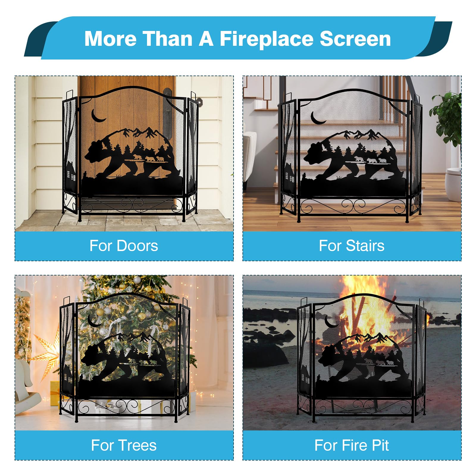 IRONWALLS 3-Panel Folding Fireplace Screens Decorative, 47.6” x 31.4” Metal Bear Fireplace Screens Fire Screen Gate Fence Spark Guard Kid Proof, Heavy Duty Fireplace Screen Black for Home Farmhouse