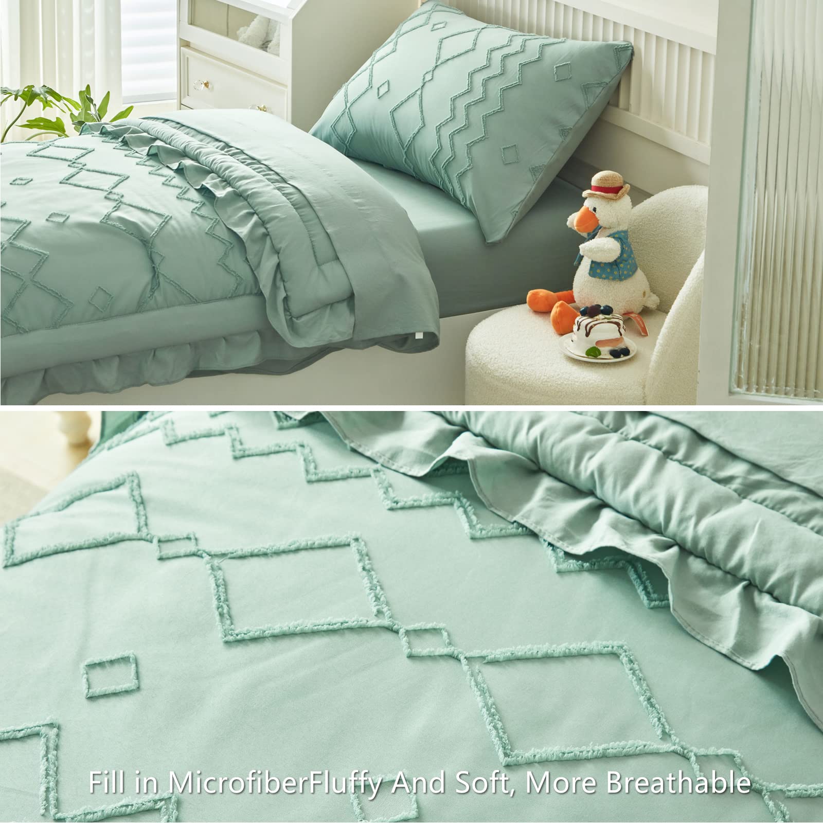 AIKASY Toddler Bedding Set 4 Pieces Super Soft Comforter Set, Shabby Boho Bohemian Design for Boys and Girls(Ruffle Fringe Comforter, Flat Sheet, Fitted Sheet and Pillowcase)- Green