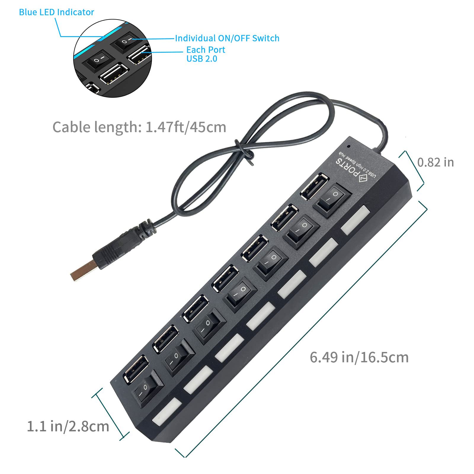 AGKRUNN 7 Port USB 2.0 Hub,Multi Port USB Splitteruter,Multi-Function Seven-Port Hub One-to-Seven Splitter Converter with Individual Switches Indicator