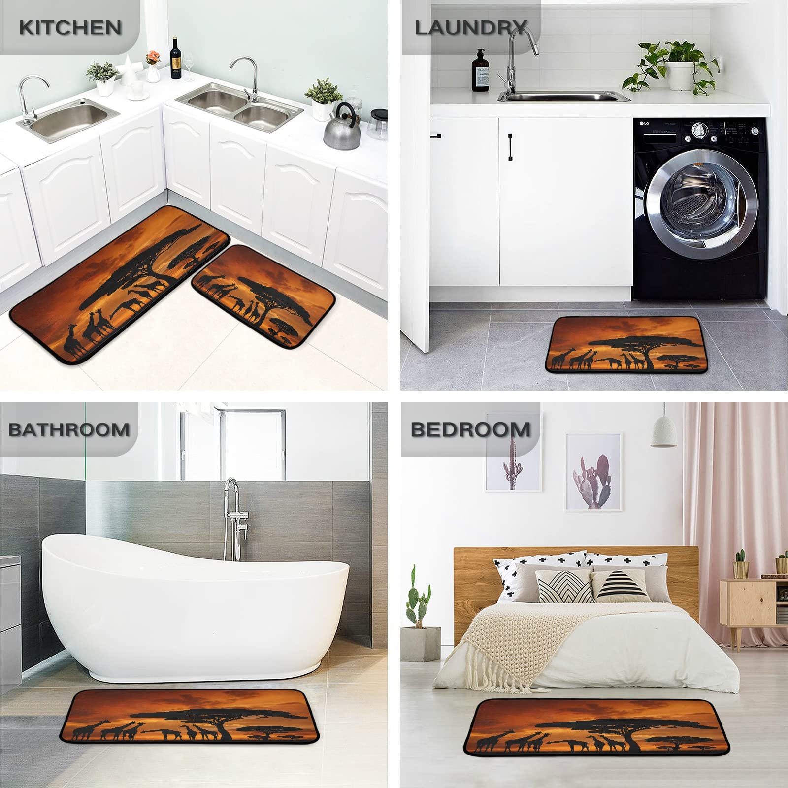 ALAZA Giraffe Sunrise African 2 Piece Kitchen Rug Floor Mat Set Runner Rugs Non-Slip for Kitchen Laundry Office 20" x 28" + 20" x 48"