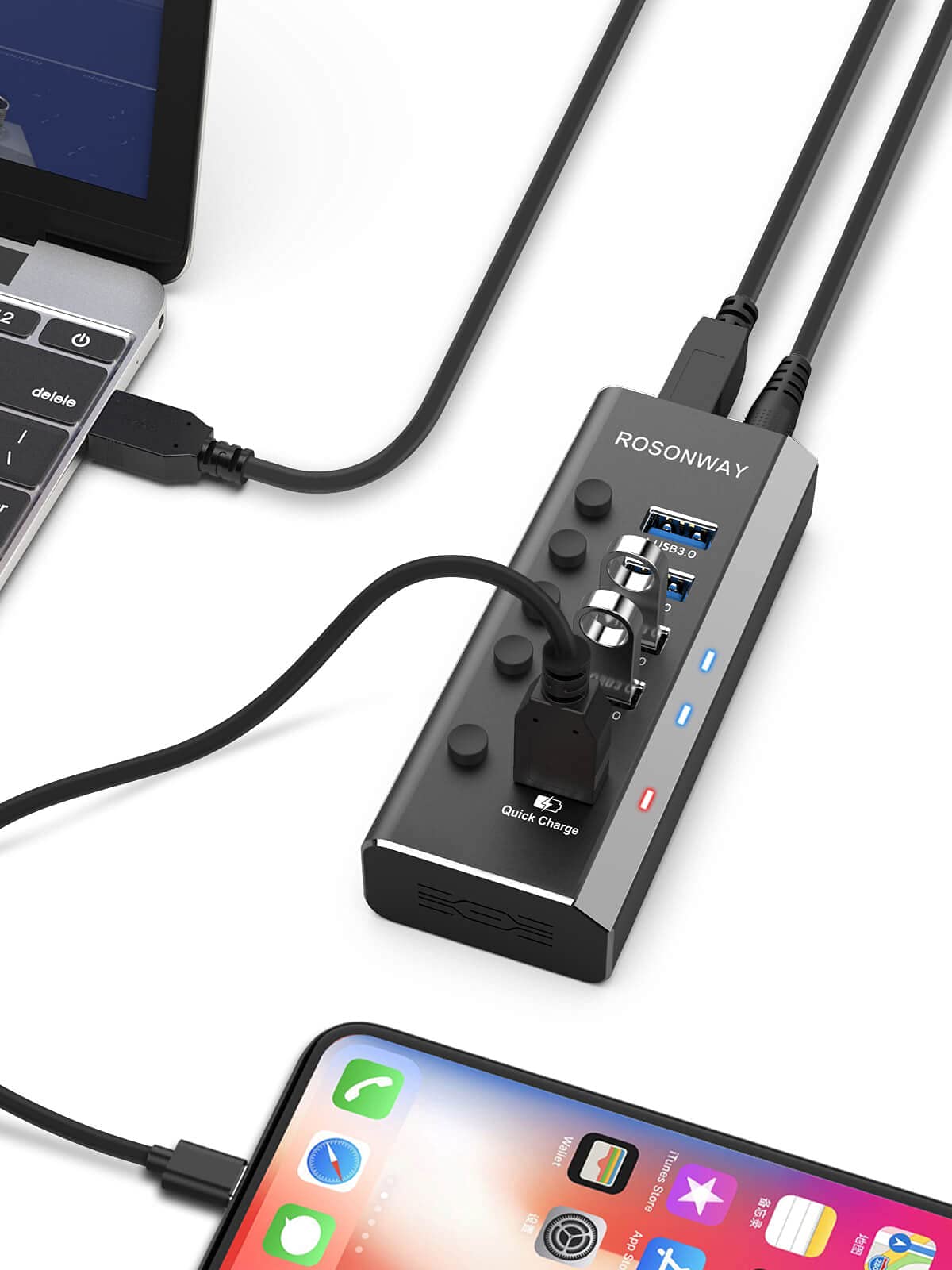 Powered USB Hub Rosonway Aluminum 5 Port USB Hub Expander with 4 USB 3.0 Data Ports and 1 Fast Charging Port, USB Hub 3.0 Splitter with 24W(12V/2A) Power Adapter and Individual Switches (RSH-A35)