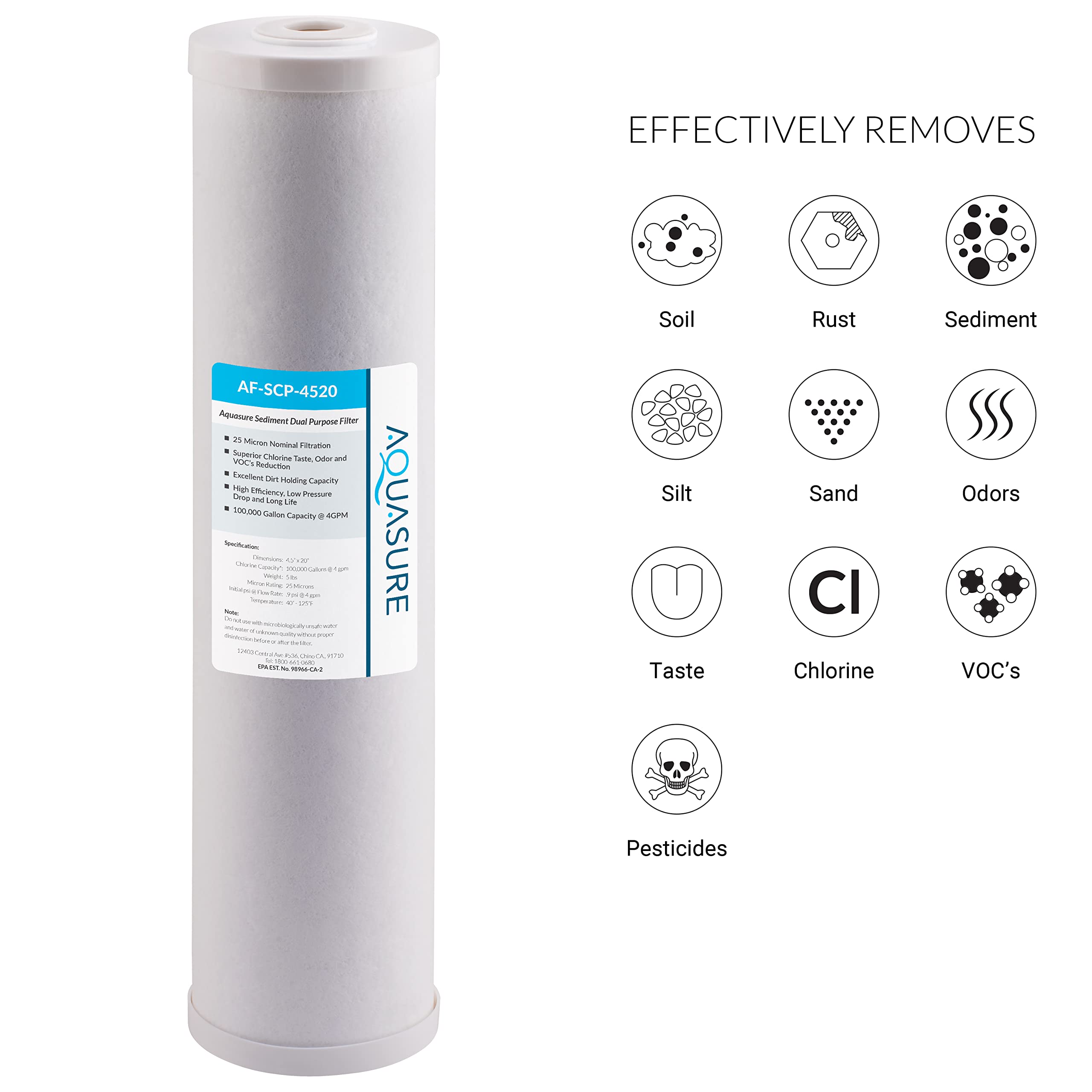Aquasure Fortitude 25 Micron Sediment + GAC Carbon Mesh Whole House Replacement Water Filter - 20" x 4.5"