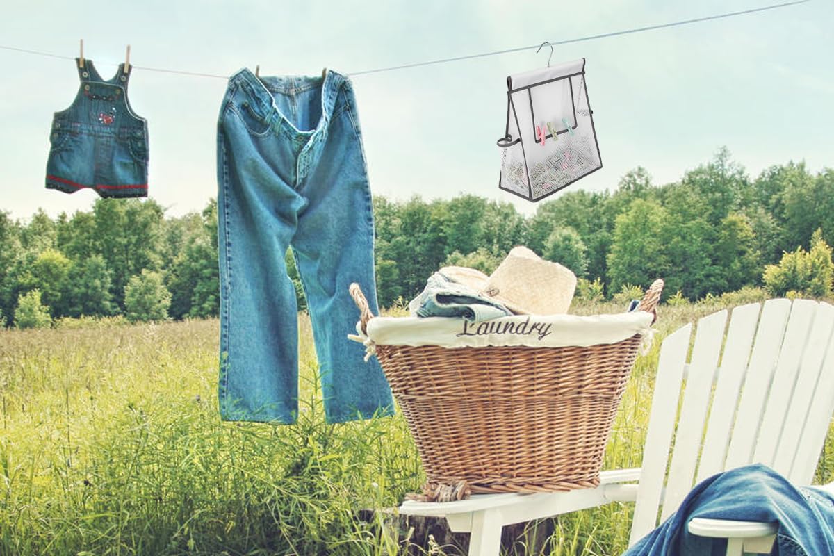 ALYER Clothpin Storage Bag with Hanger,Multipurpose Hanging Shower Basket Holder with a Large Opening (Gray Edge)