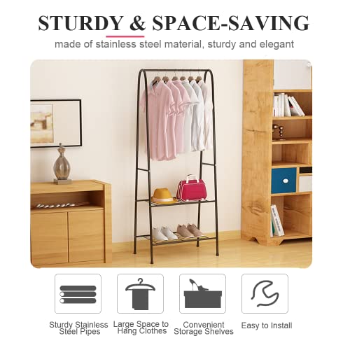 KAREZONINE Clothing Rack, Heavy Duty Clothes Rack Portable Garment Rack with 2-Tier Shelves, Double Rod Metal Coat Rack Freestanding with Bottom Shelves for Shoes Rack Organizer - Black