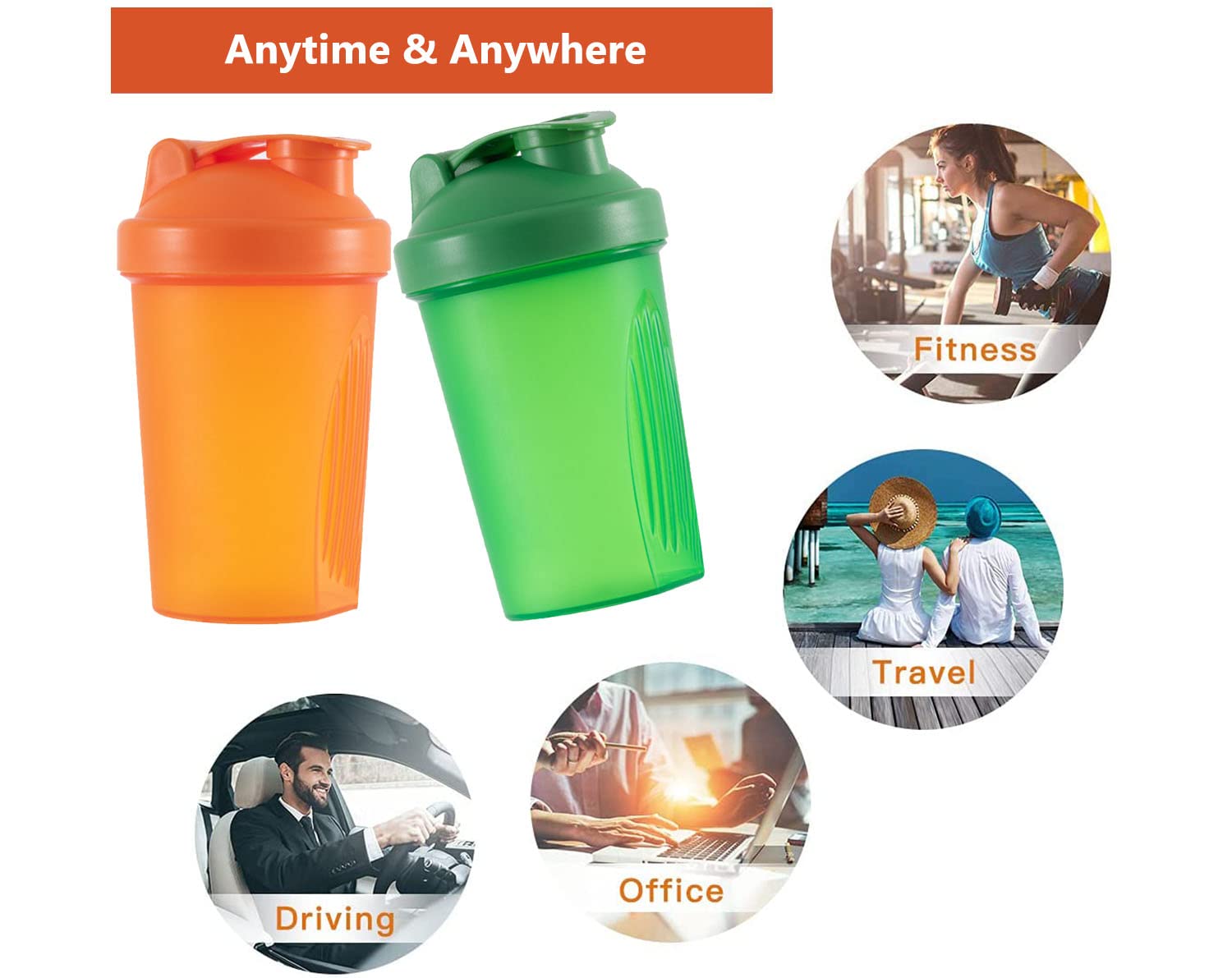 ANNAKIKI Shaker Bottle Protein Shakes and 16-Ounce/400ML Shaker Bottle with Wire Whisk Balls,Free of BPA plastic (Orange+Green(2PCS))