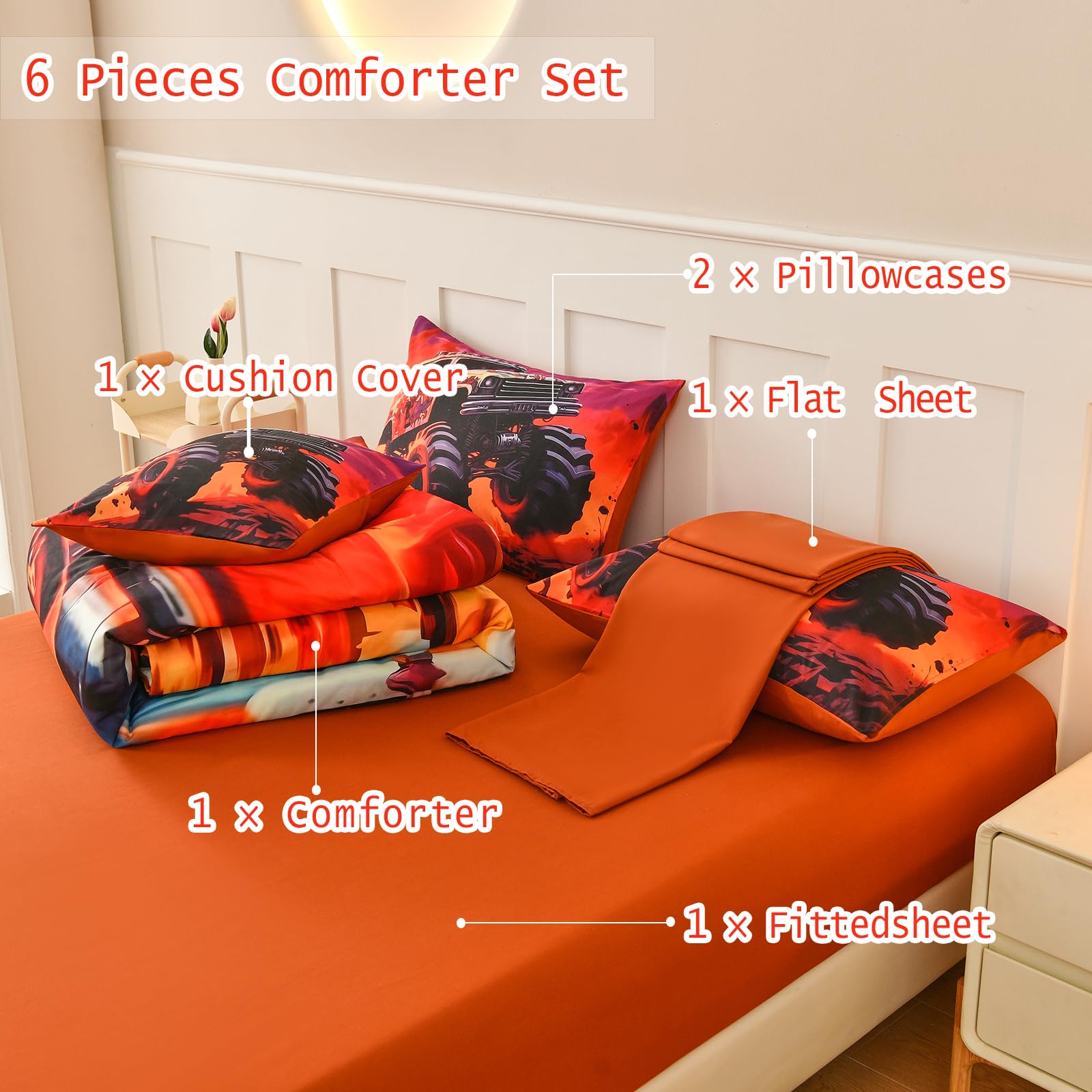 DORCAS Car Comforter Set for Boys Kids,6 Piece Truck Bedding Set,Full Size Car Bedding Sets with Sheet(Red,Full)