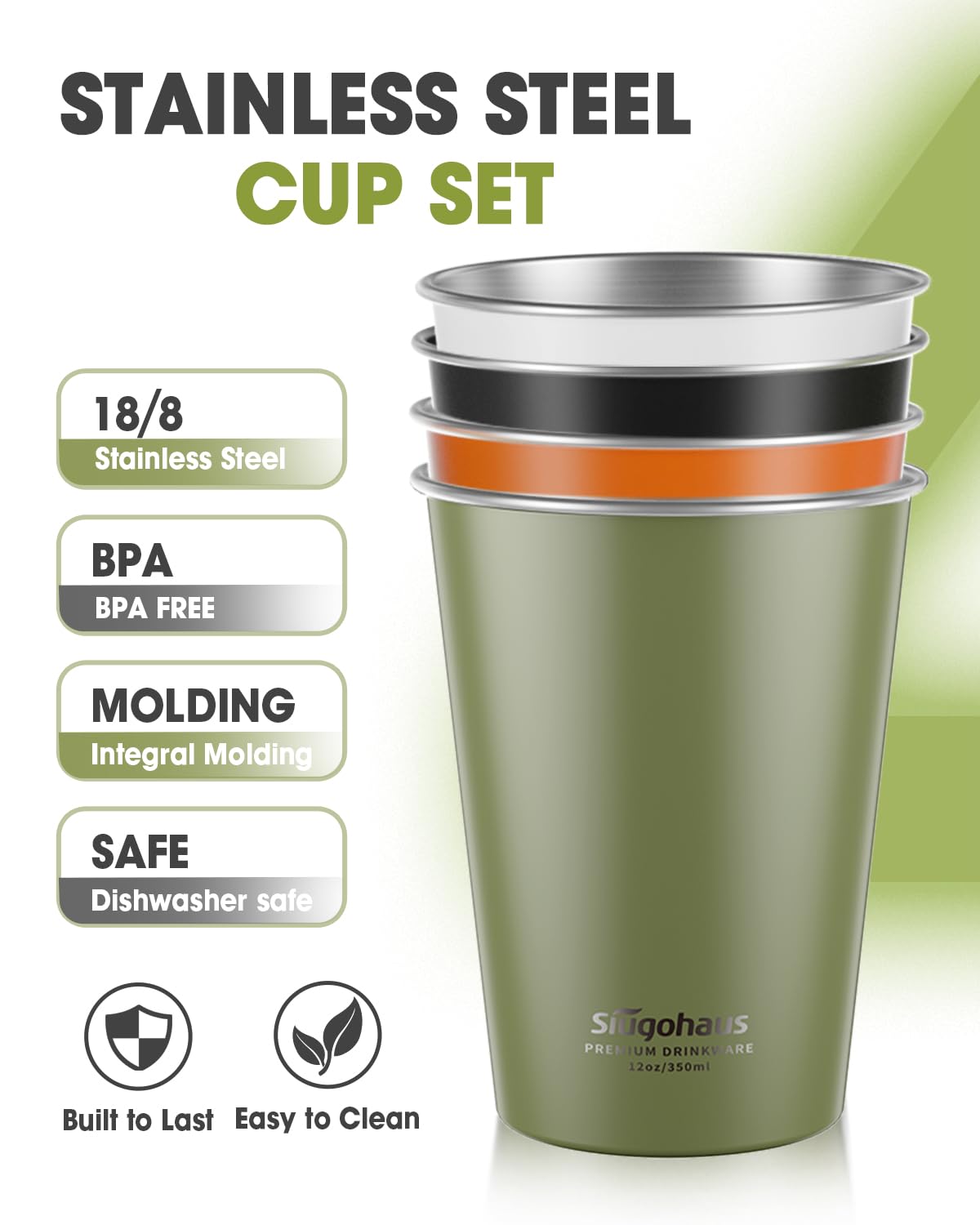Siugohaus Premium Stainless Steel Cups 10oz Pint Cup Tumbler (4 Pack) Premium Metal Cups - Stackable Durable Cup
