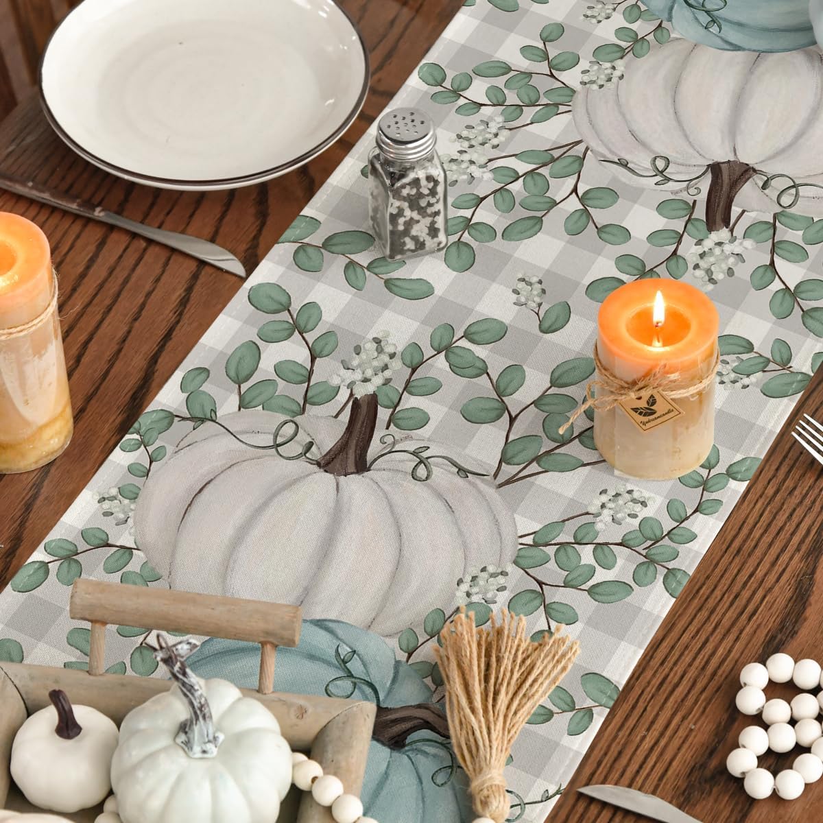 Artoid Mode Buffalo Plaid Pumpkins Leaves Eucalyptus Fall Table Runner, Autumn Thanksgiving Kitchen Dining Table Decoration for Home Party Decor 13x72 Inch